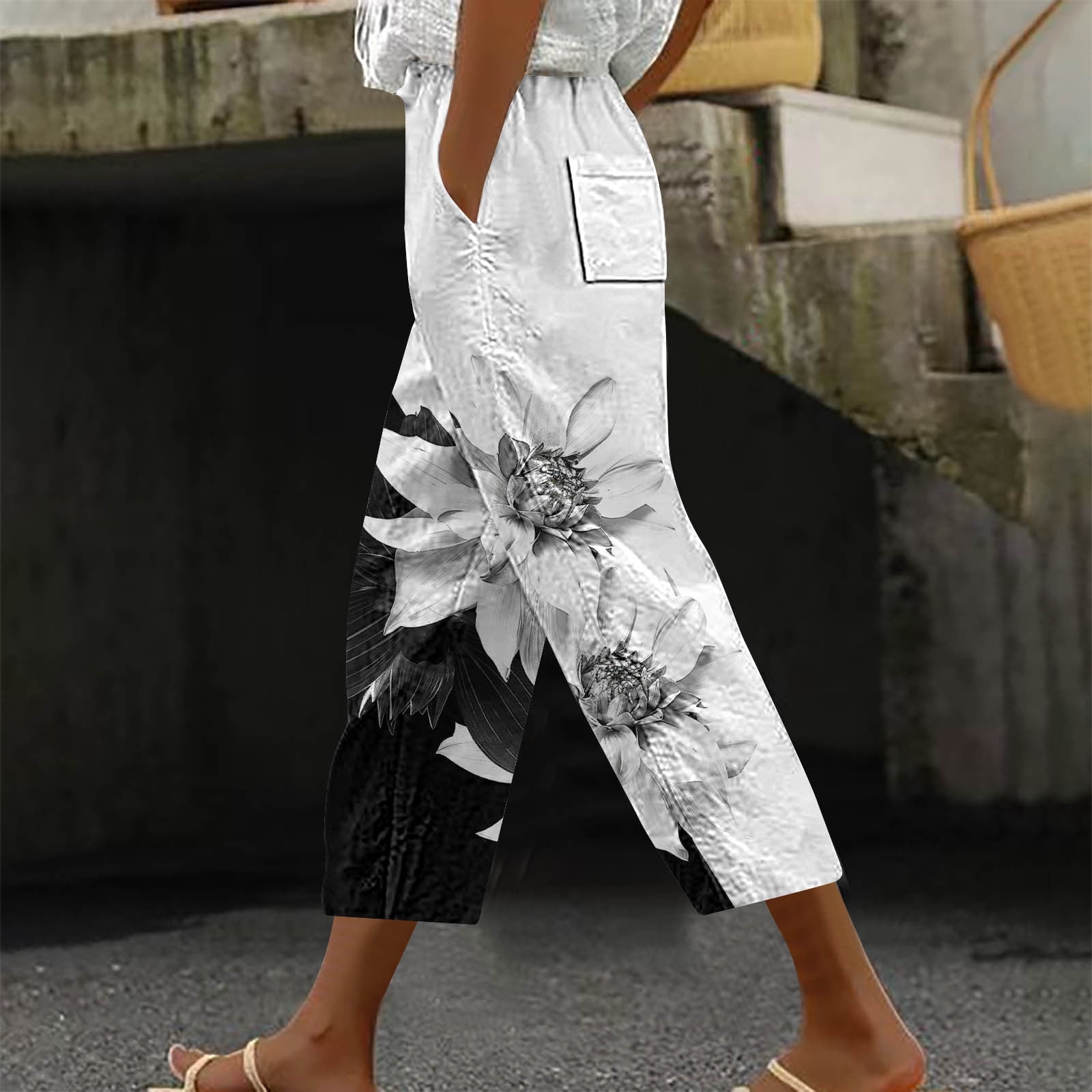 CLOISE Womens Capri Pants with Pockets Stretch Wide Leg Pants Elastic High Waisted Palazzo Pants ...