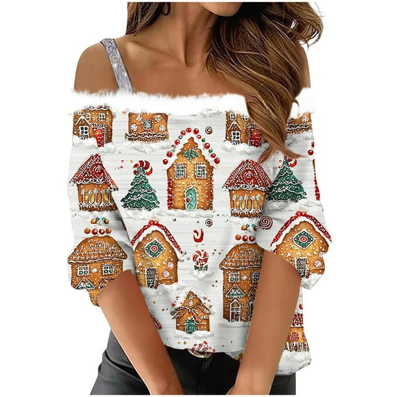 CLOISE Womens Cute Tops Christmas Plus Size Off Shoulder Neck Shirt ...