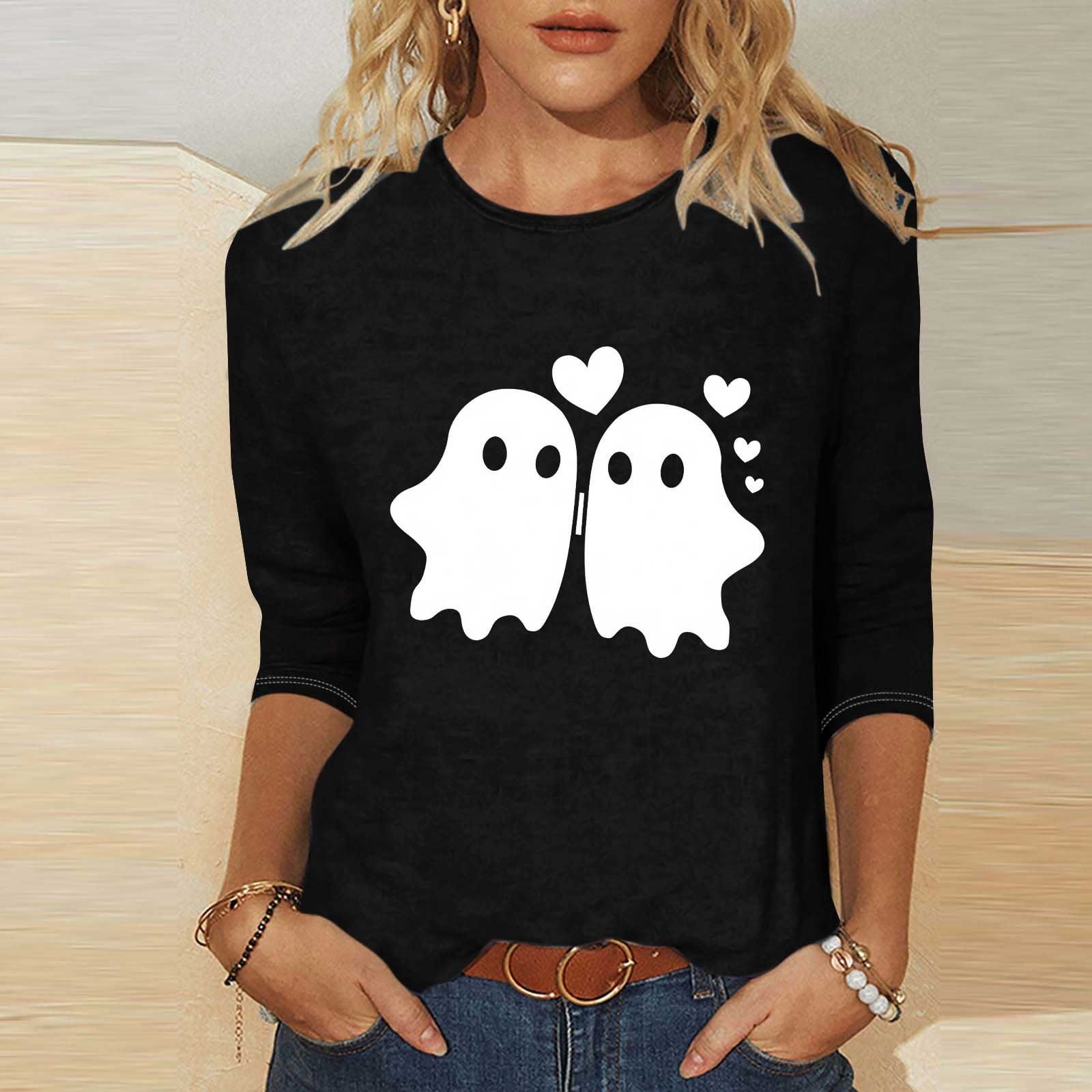 CLOISE Womens Halloween Tees Funny Halloween Ghost Print Blouses 3/4 Sleeve Crew Neck Tees Basic ...