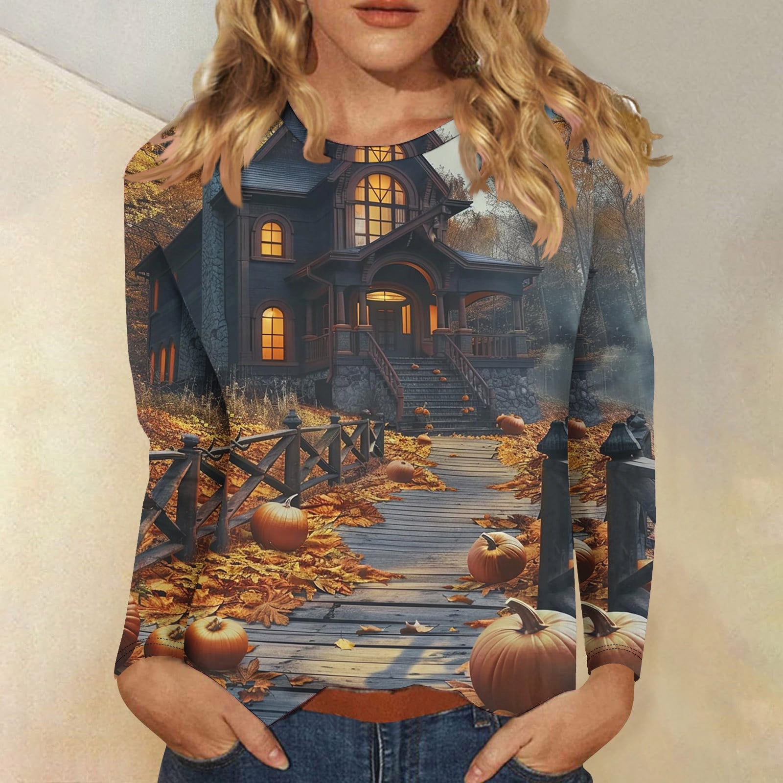 CLOISE Womens Halloween Tees Funny Halloween Pumpkin Print Shirts Long ...