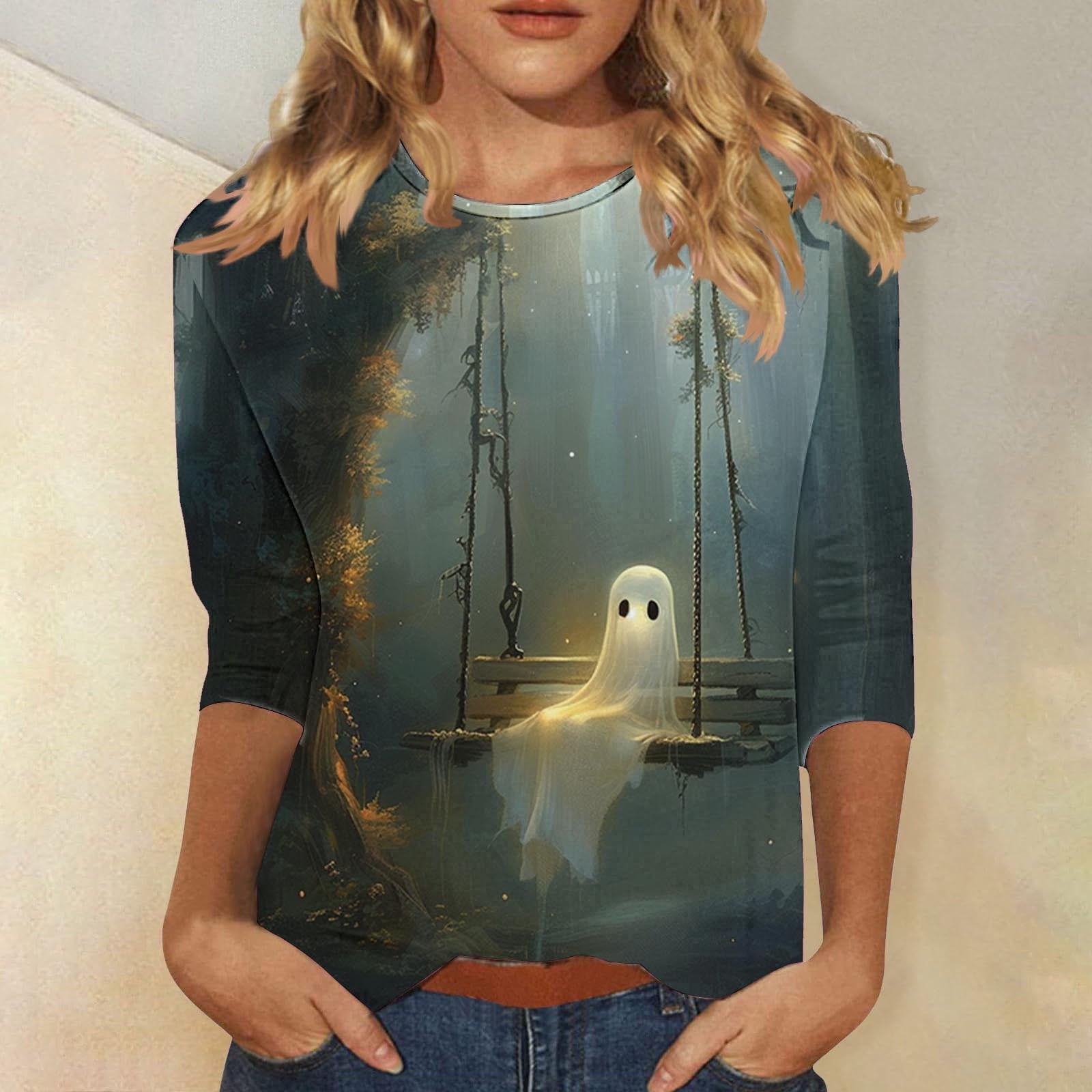 CLOISE Womens Halloween Tops Funny Halloween Ghost Graphic Blouses 3/4 ...