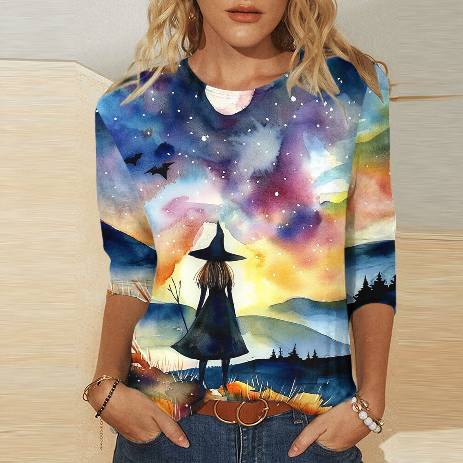 CLOISE Womens Halloween Tops Funny Halloween Witch Graphic Tops 3/4 ...