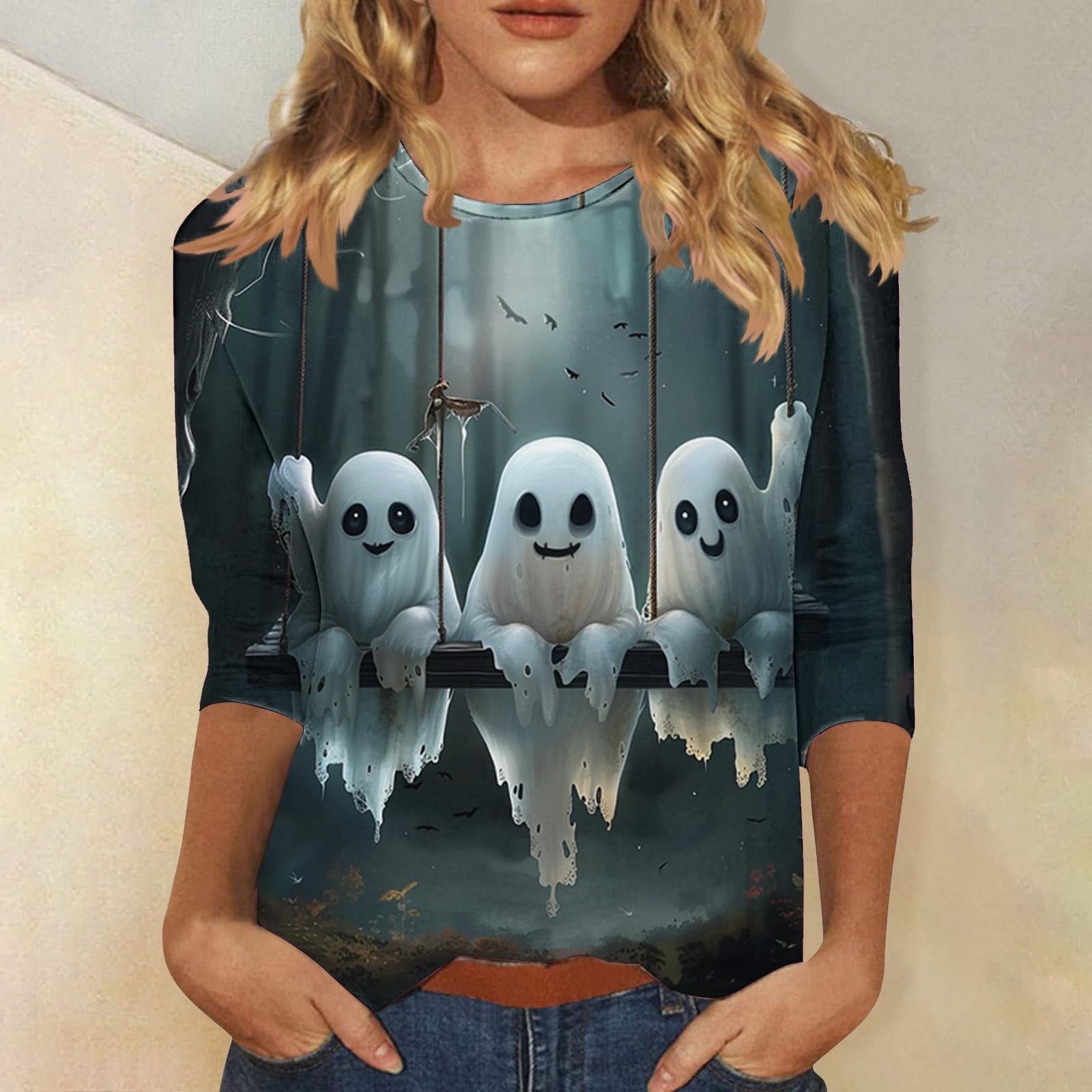 CLOISE Womens Halloween Tops Plus Size Funny Halloween Ghost Print Tees ...