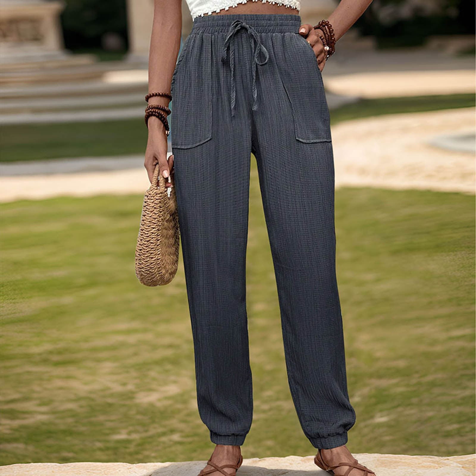 CLOISE Womens Summer Pants Petite Pull On Pants High Waisted Stretchy ...