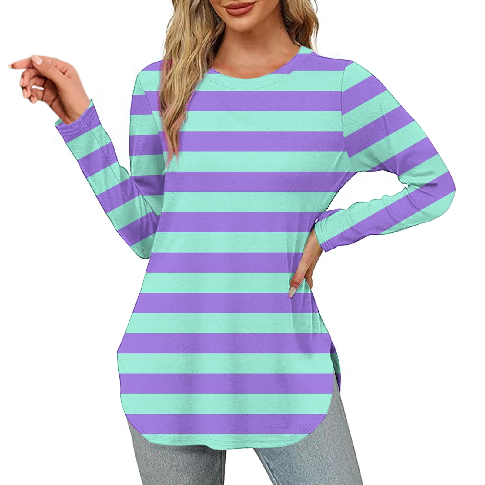 CLOISE Womens Tees 2024 Fall Fashion Striped Tees Crewneck Long Sleeve Tops Casual with Side ...
