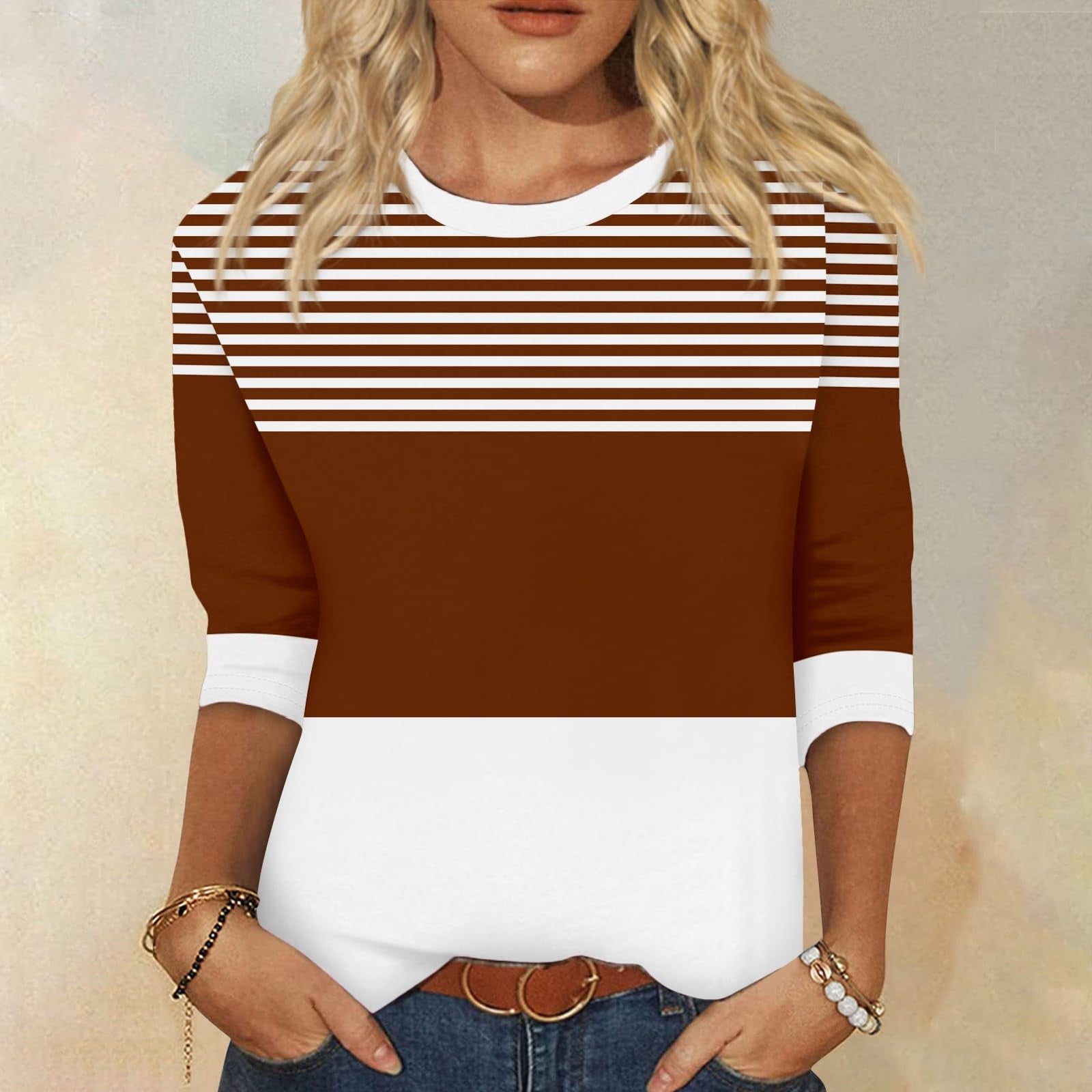 CLOISE Womens Tees Fall Trendy Striped Tees Round Neck 3/4 Sleeve Tops ...