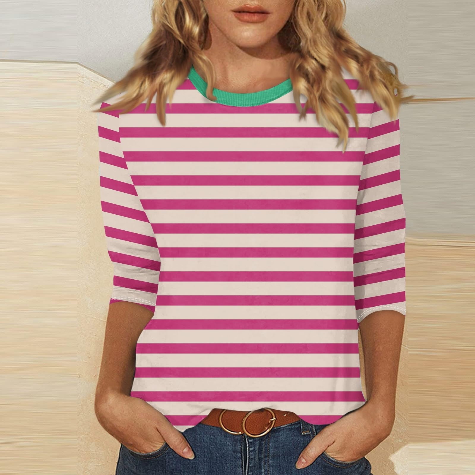 CLOISE Womens Tees Fall Trendy Striped Tees Round Neck 3/4 Sleeve Tops ...