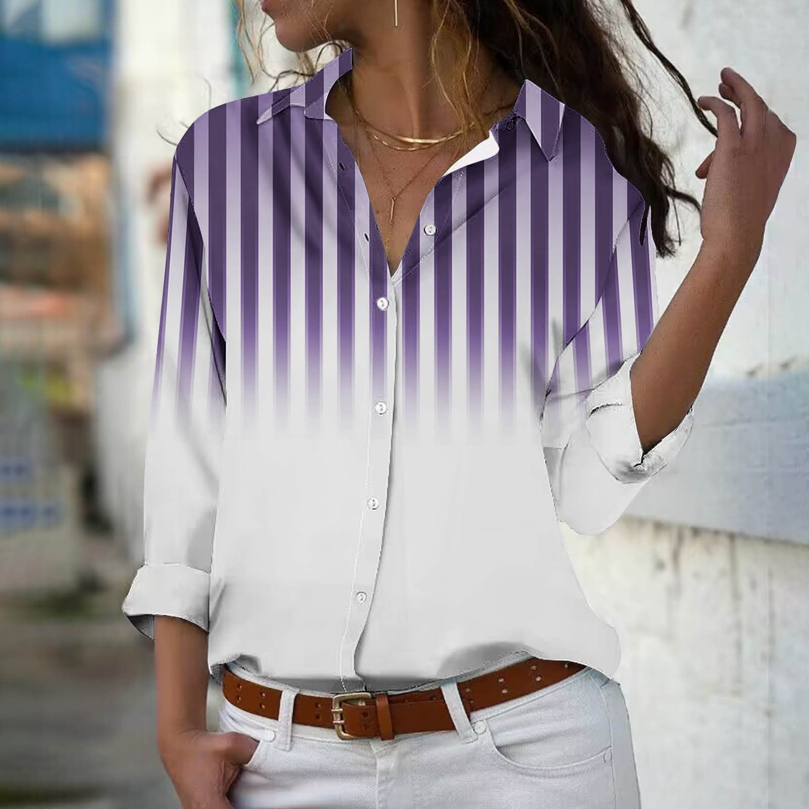CLOISE Womens Tops 2024 Fall Fashion Striped Shirts Lapel Long Sleeve ...
