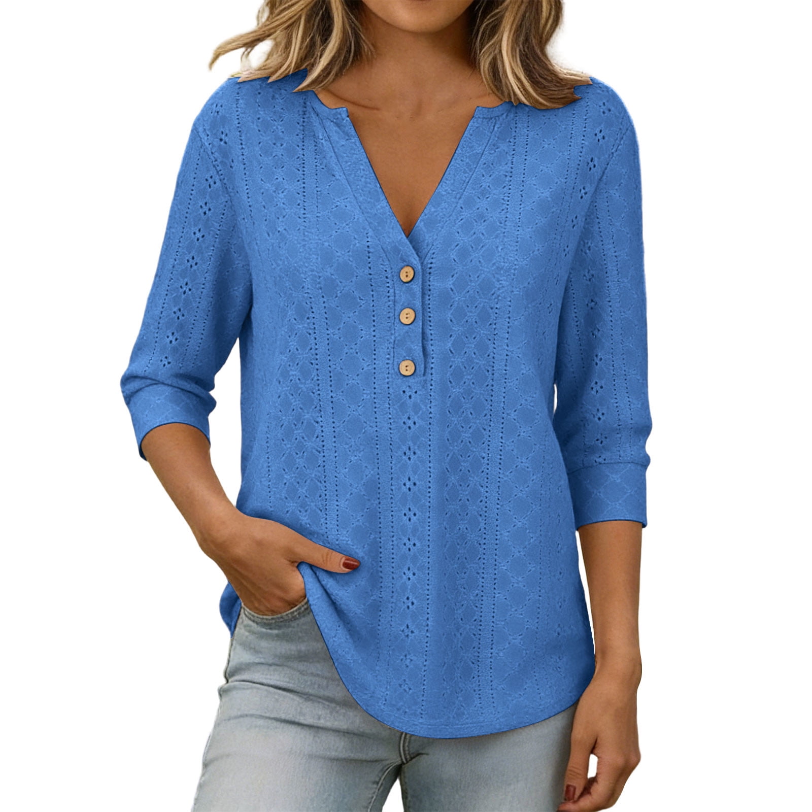 CLOISE Womens Tops 3/4 Sleeve Plus Size Shirts Button Loose Solid Color ...