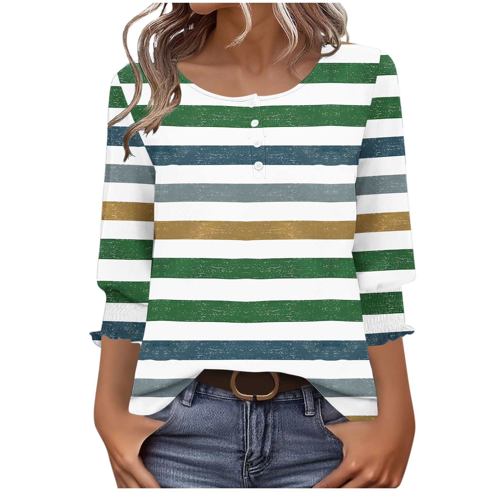 CLOISE Womens Tops and Blouses Crew Neck Shirt Button Striped Long ...