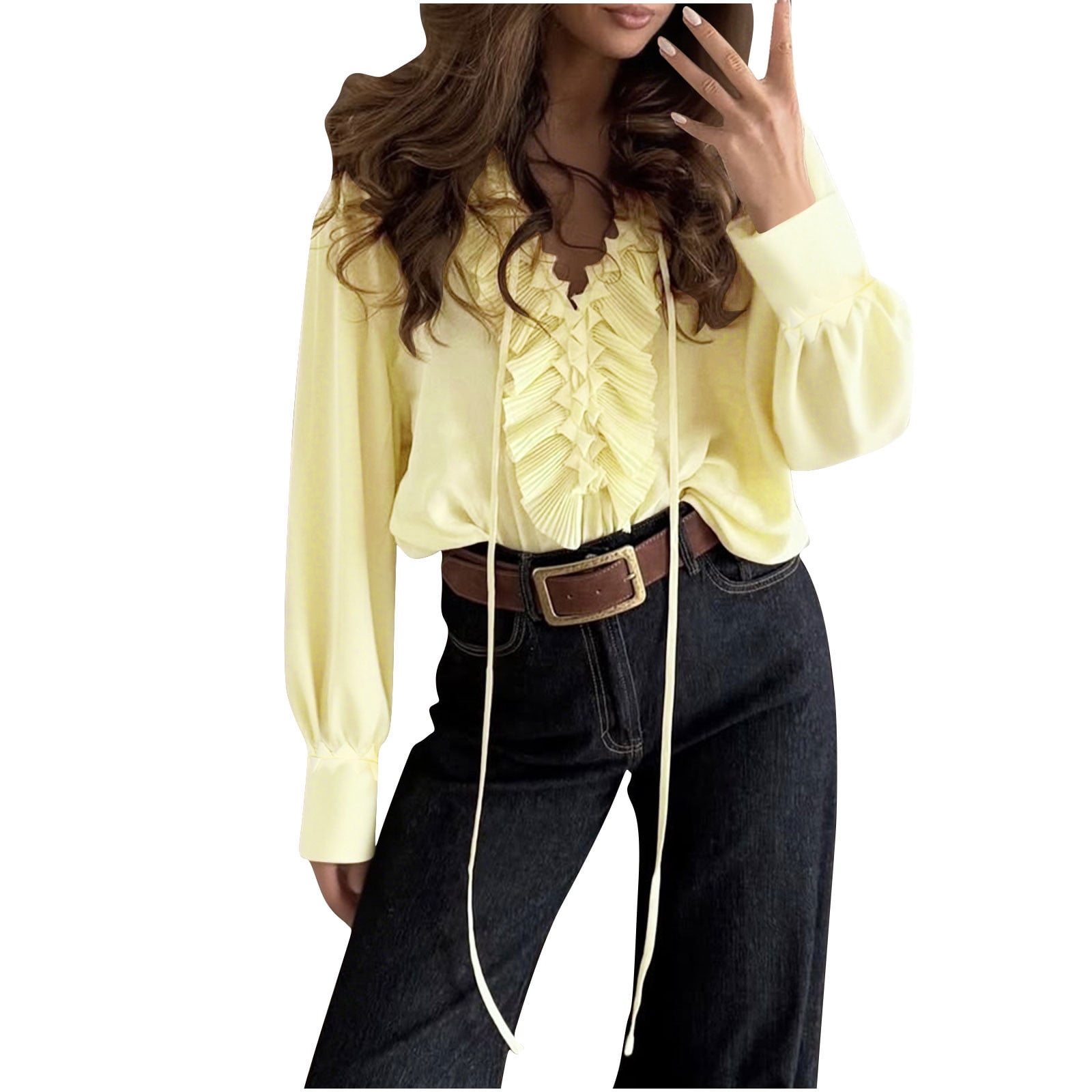 CLOISE Womens Winter Tops Deep V Neck Shirt Solid Color Long Sleeve ...