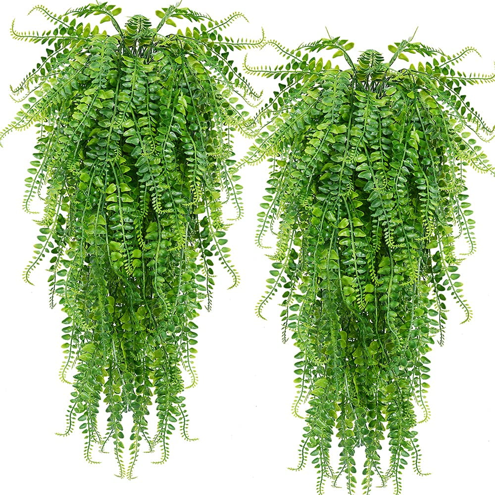 CLONG 2 pcs Artificial Hanging Ferns Plants Vine Fake Ivy Boston Outdoor UV Resistant Plastic ...