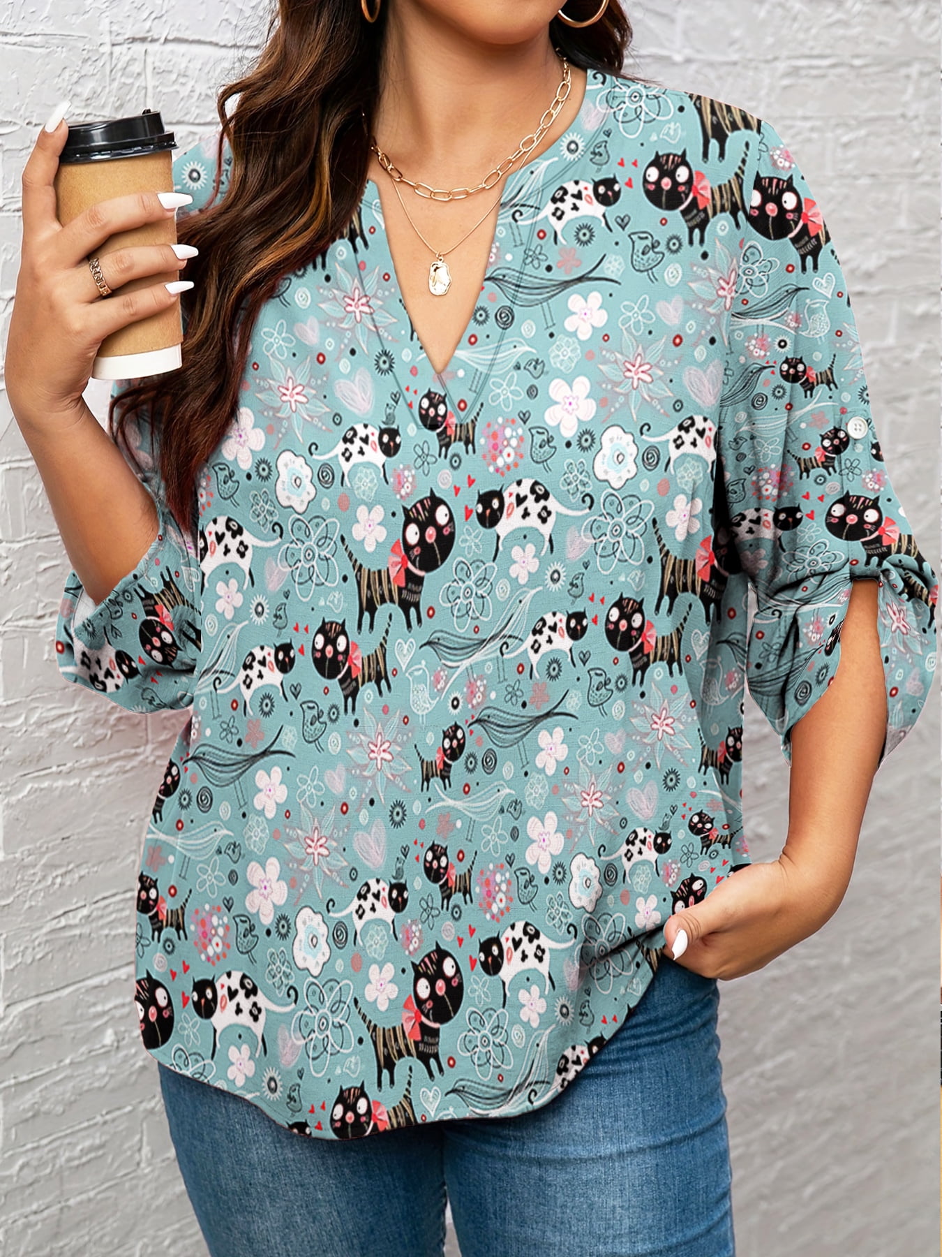 CLOOCL Animal Cat Pattern Printed Oversized Shirt Female V-Neck Long ...
