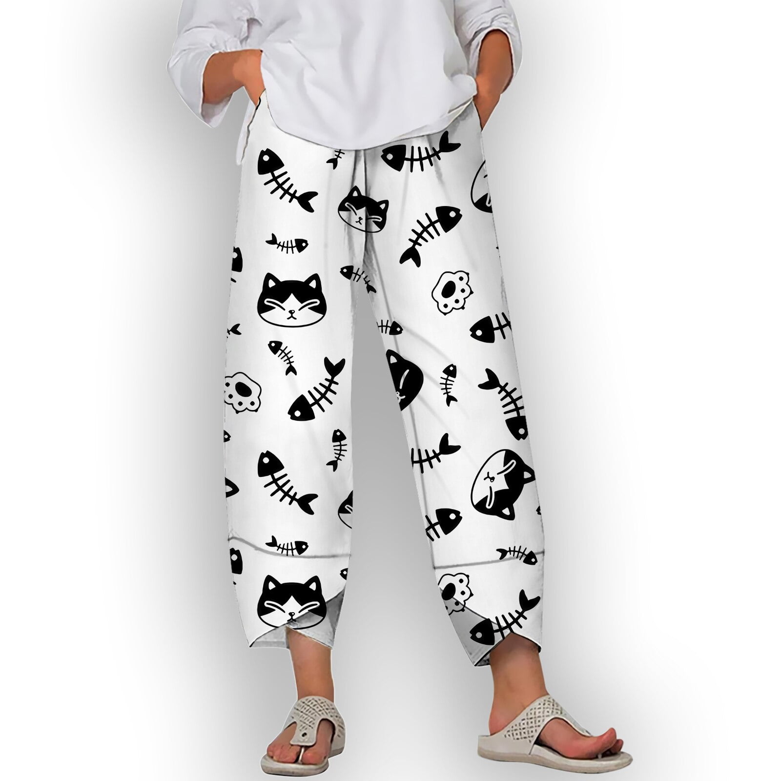 CLOOCL Cartoon Wide Leg Pants Cat and Fish Bone 3D Printing Plus Size ...