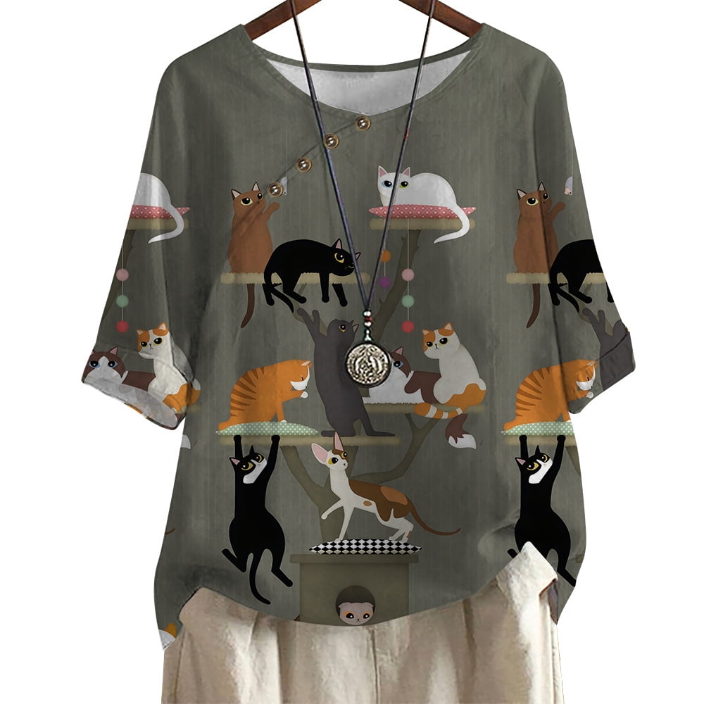 CLOOCL Crew Neck Blouse Animal Graphic Print Tees Loose Casual ...