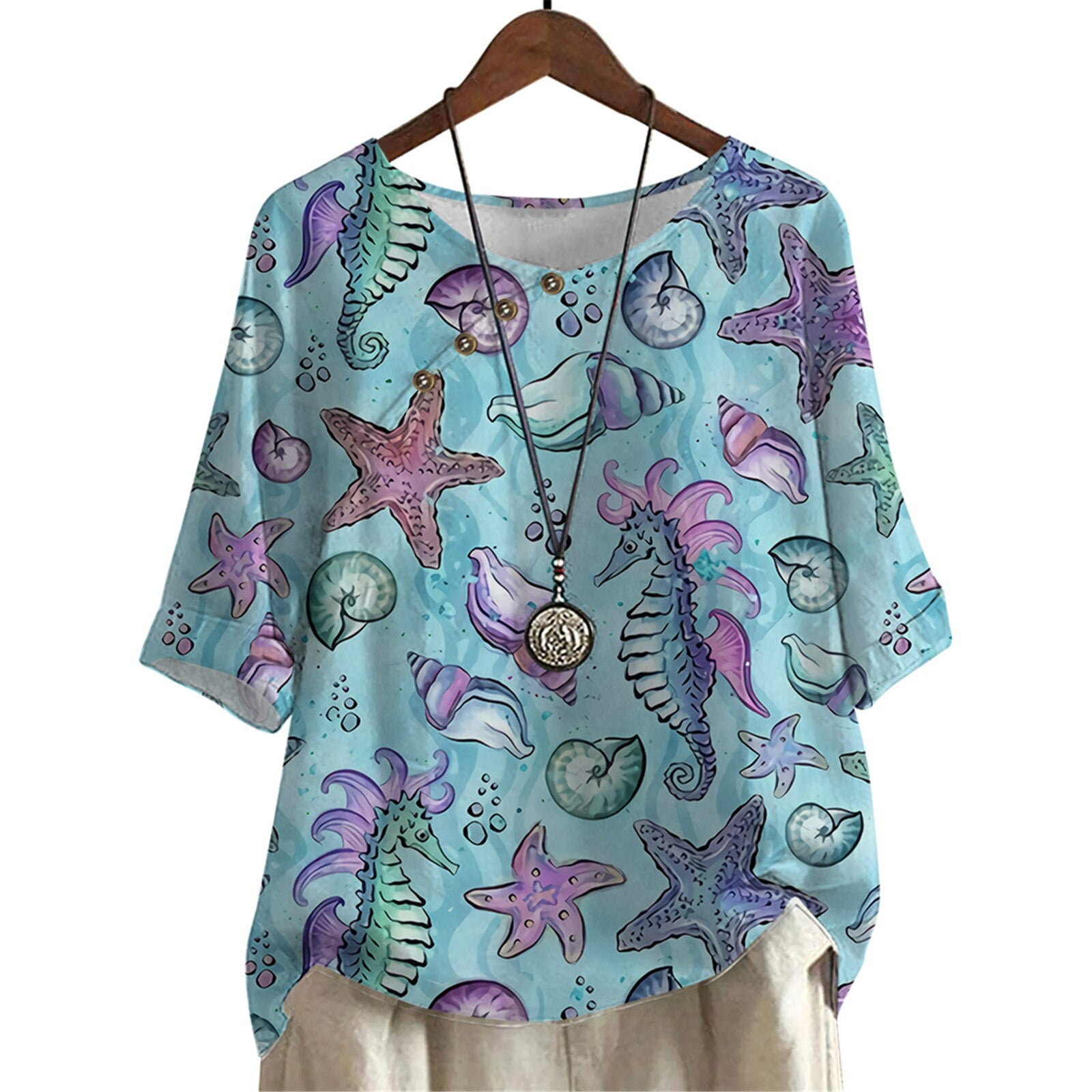 CLOOCL Crew Neck Blouse Fantasy Seashell Printing T-Shirt Plus Size ...