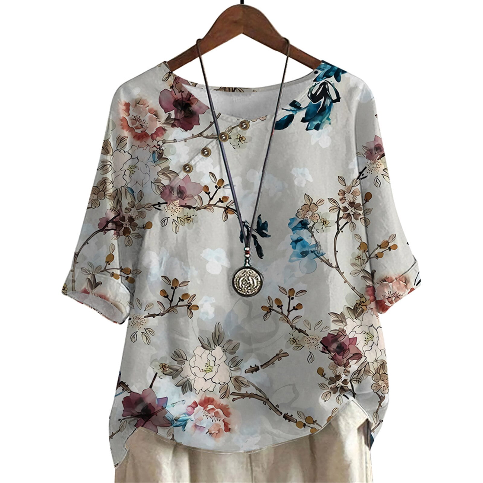 CLOOCL Floral Printed Blouse Tops Loose Casual Mid Sleeve Shirts Plus ...