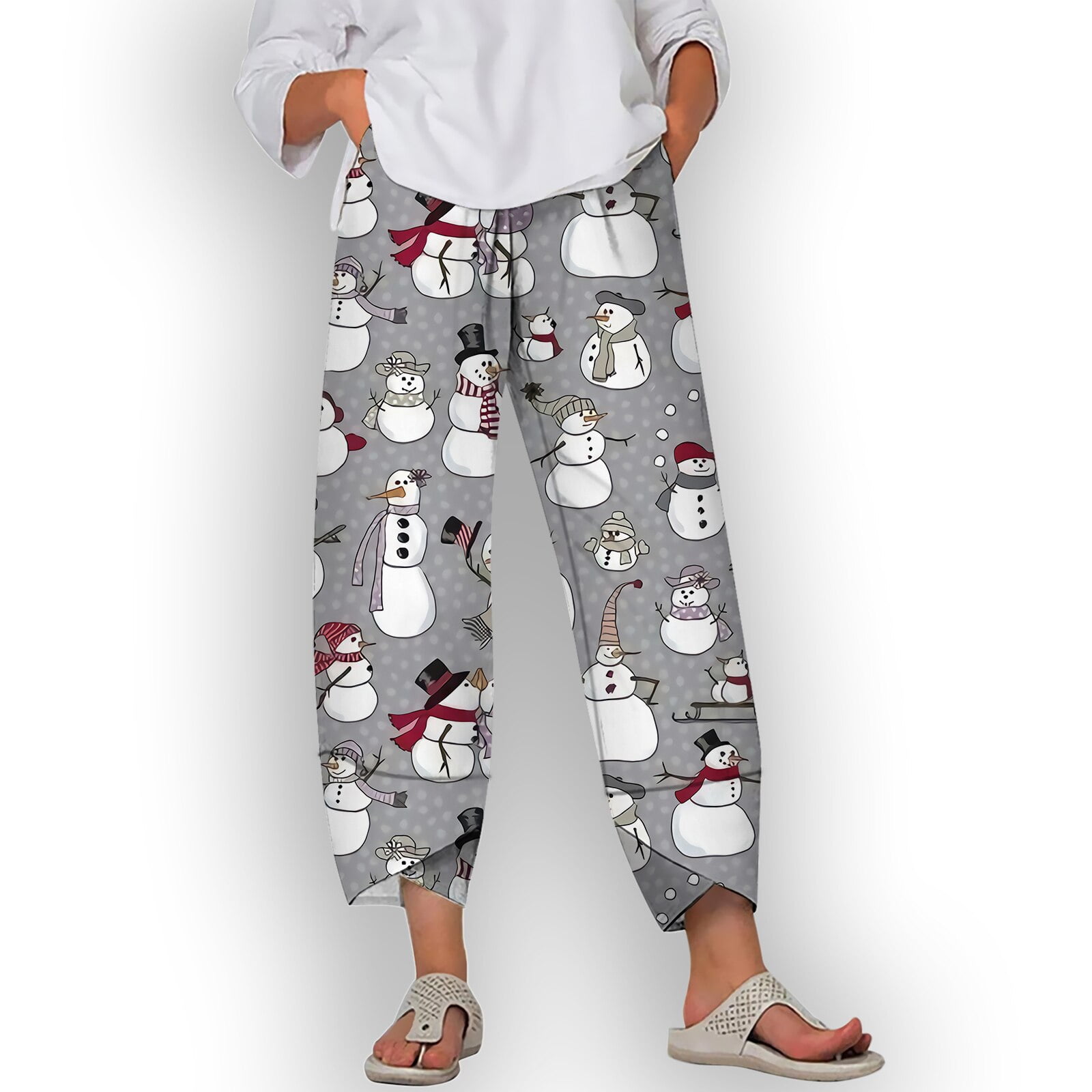CLOOCL New Pants Women Cute Snowman Printing Harajuku Slacks Elastic ...