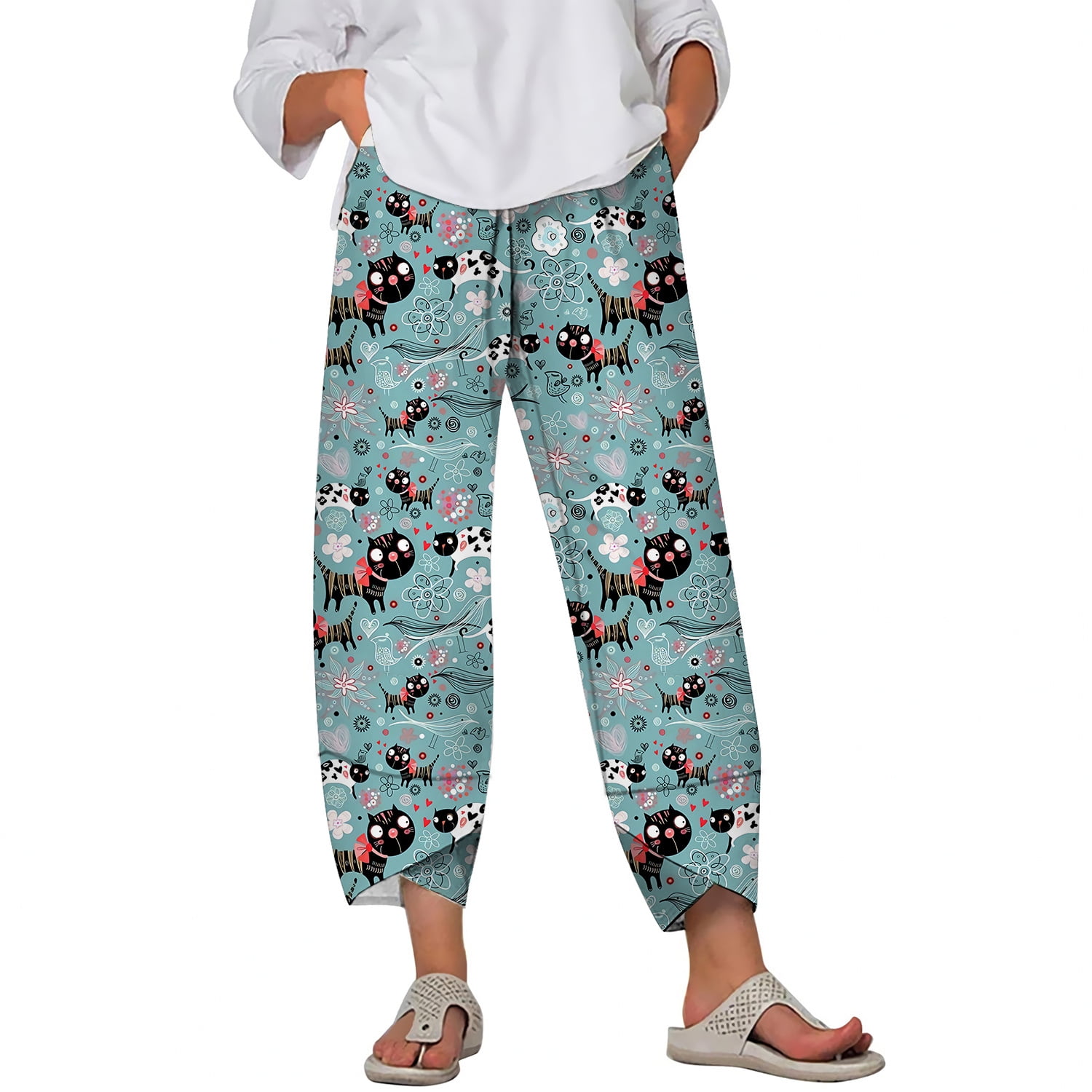 CLOOCL Oversize Trousers Animal Cat Pattern 3d Print Ankle Slit Pant ...