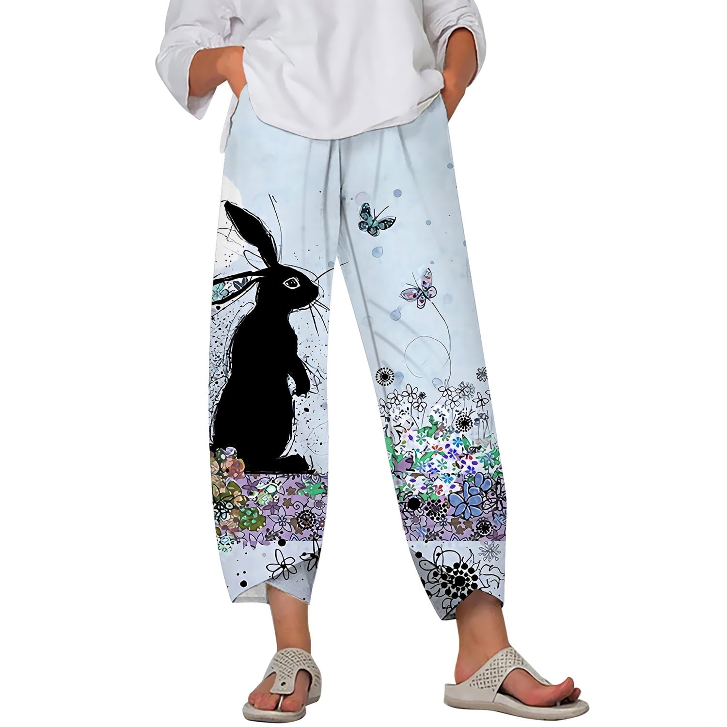 CLOOCL Retro Pants Plus Size Women Loose Casual Trousers Animal Rabbit ...