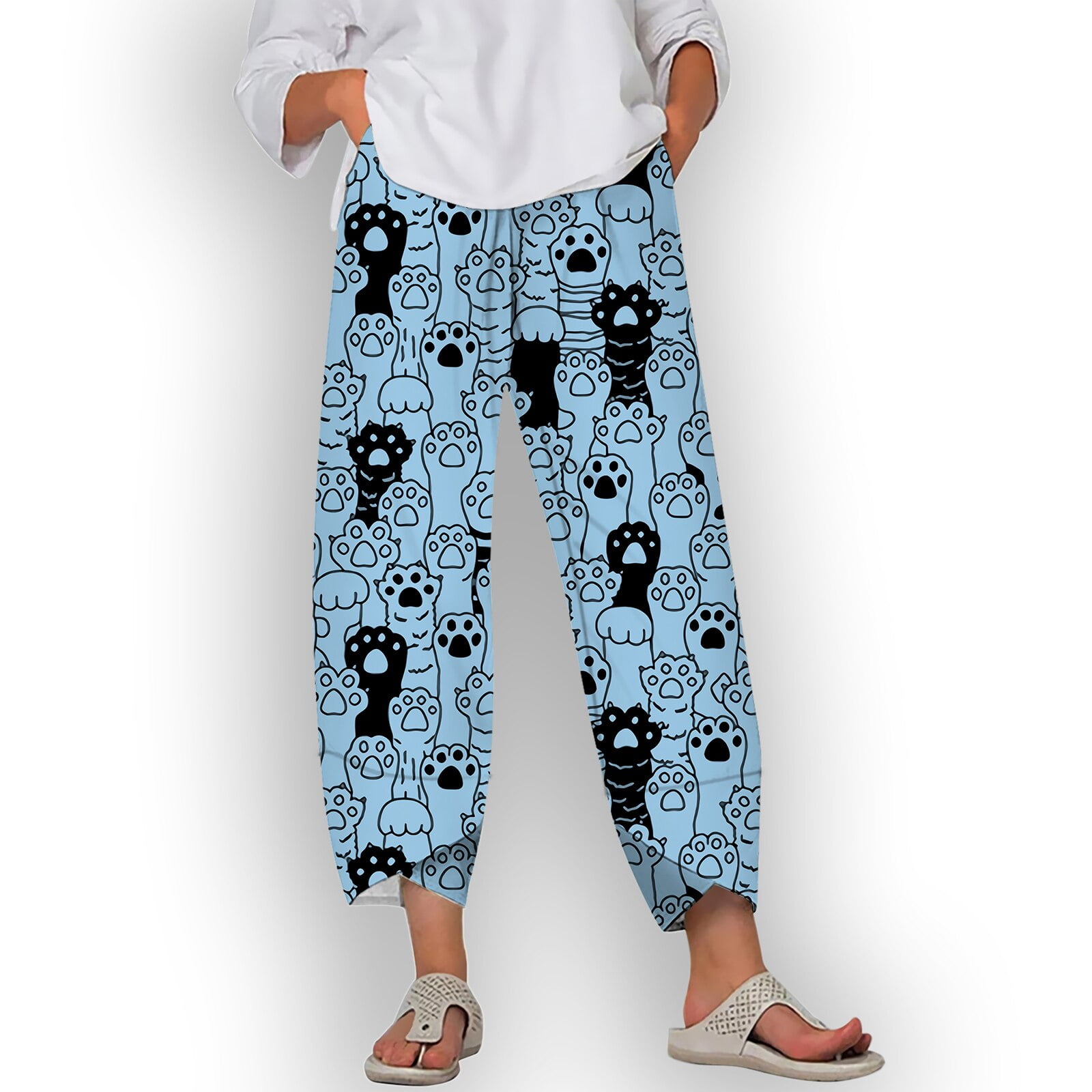 CLOOCL Slacks Pants Cartoon Cat Paw 3D Print Loose Pants Plus Size Wide ...