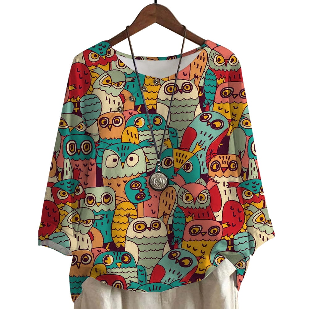 CLOOCL T-Shirt Long Sleeve for Women Animal Owl Print Blouse Casual ...