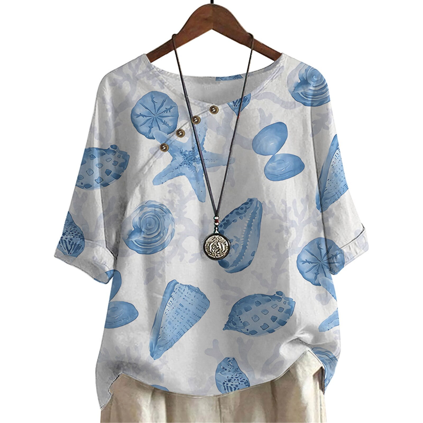 CLOOCL Women Blouse Casual T-Shirt Blue Seashell Printing Mid Sleeve ...
