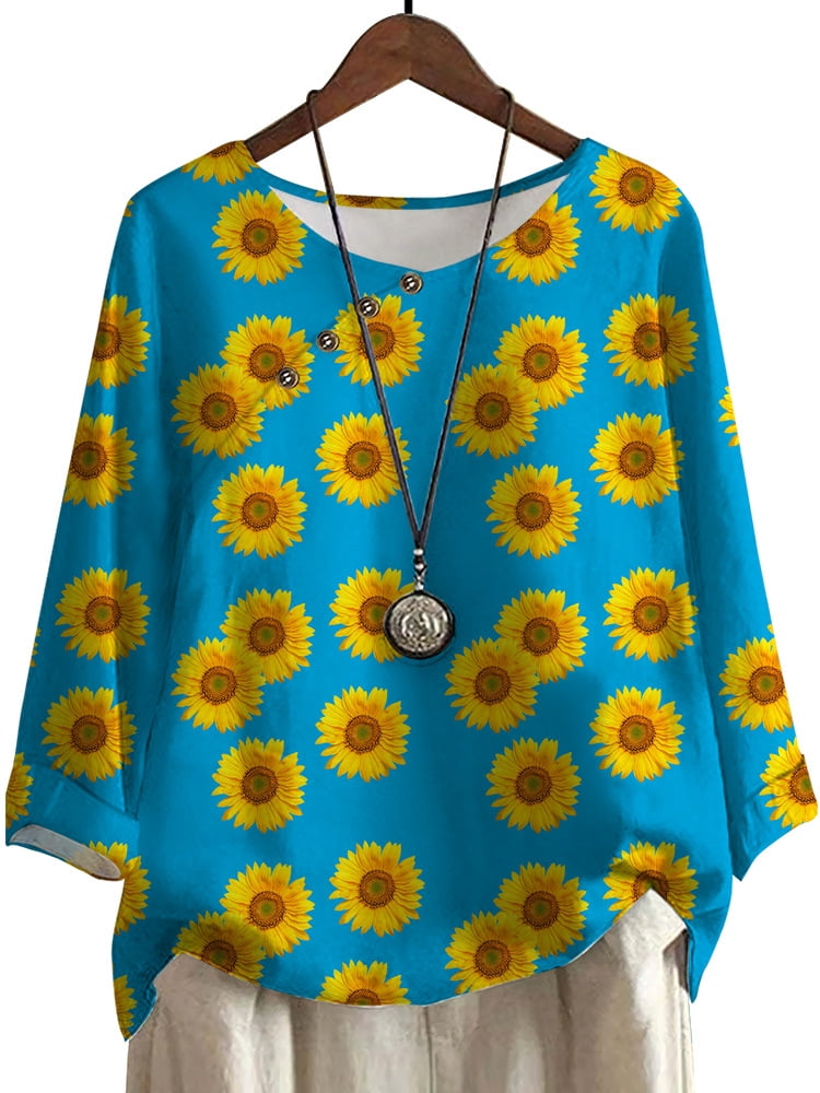 CLOOCL Women Oversized Blouse Sunflower Pattern 3D Print Long Sleeve ...