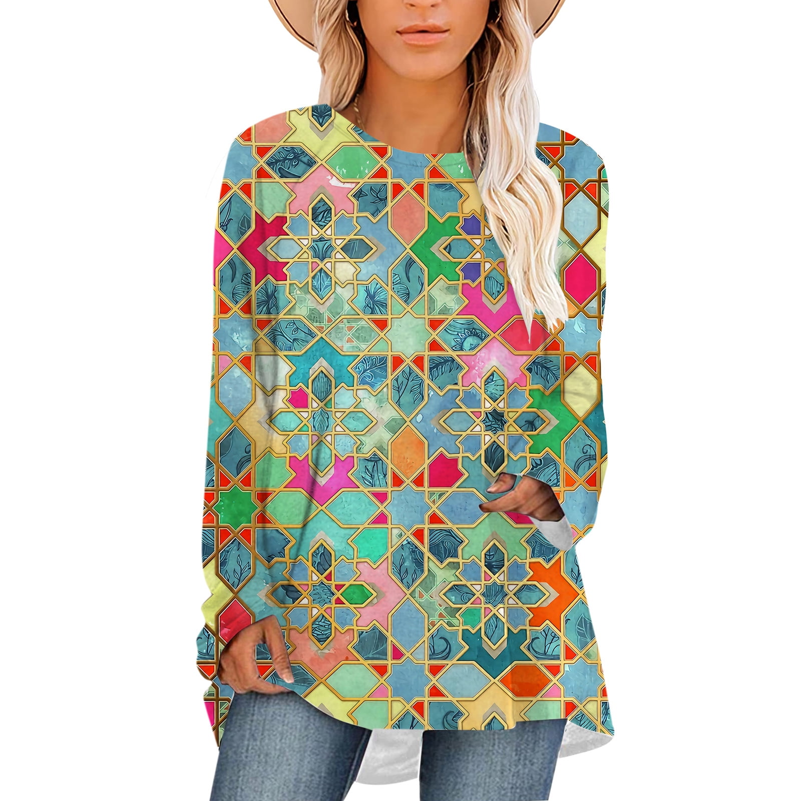 CLOOCL Women Plus Size Blouse Colorful Rhombus Graphics Print Female Long Sleeve Casual Tops ...