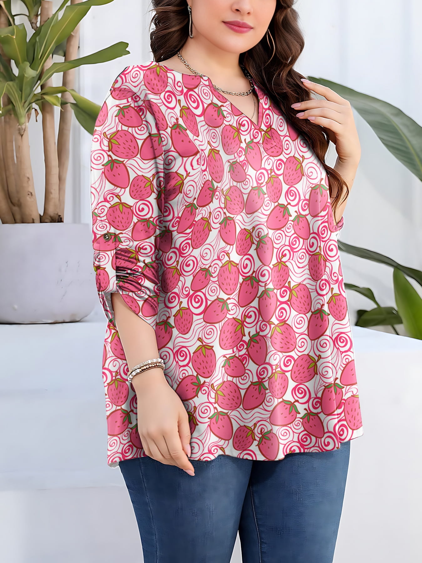 CLOOCL Women Plus Size Blouses Strawberry Graphic Printed V-Neck Long ...