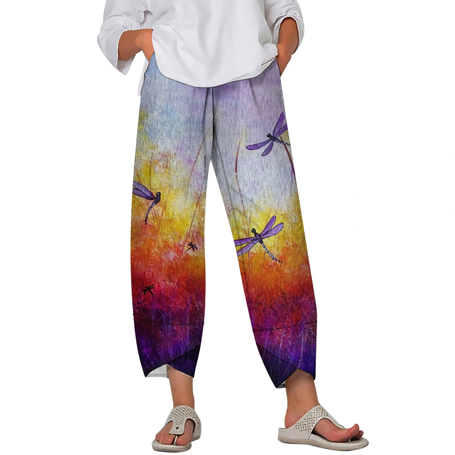 CLOOCL Women Trousers Retro Dragonfly 3D Printed Loose Plus Size Long ...
