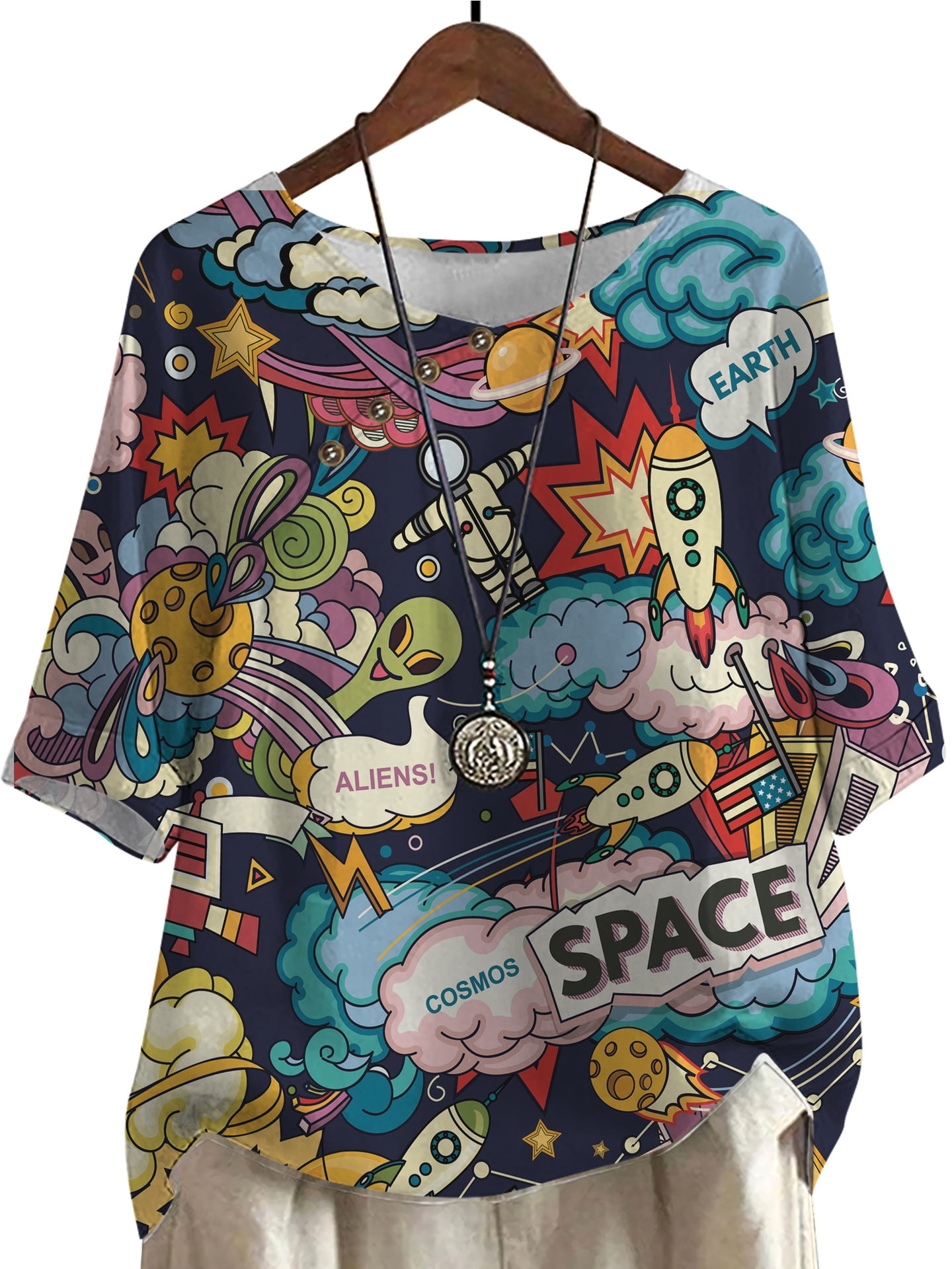 CLOOCL Women's plus size T-shirt Space Aliens Graphic Print Loose ...
