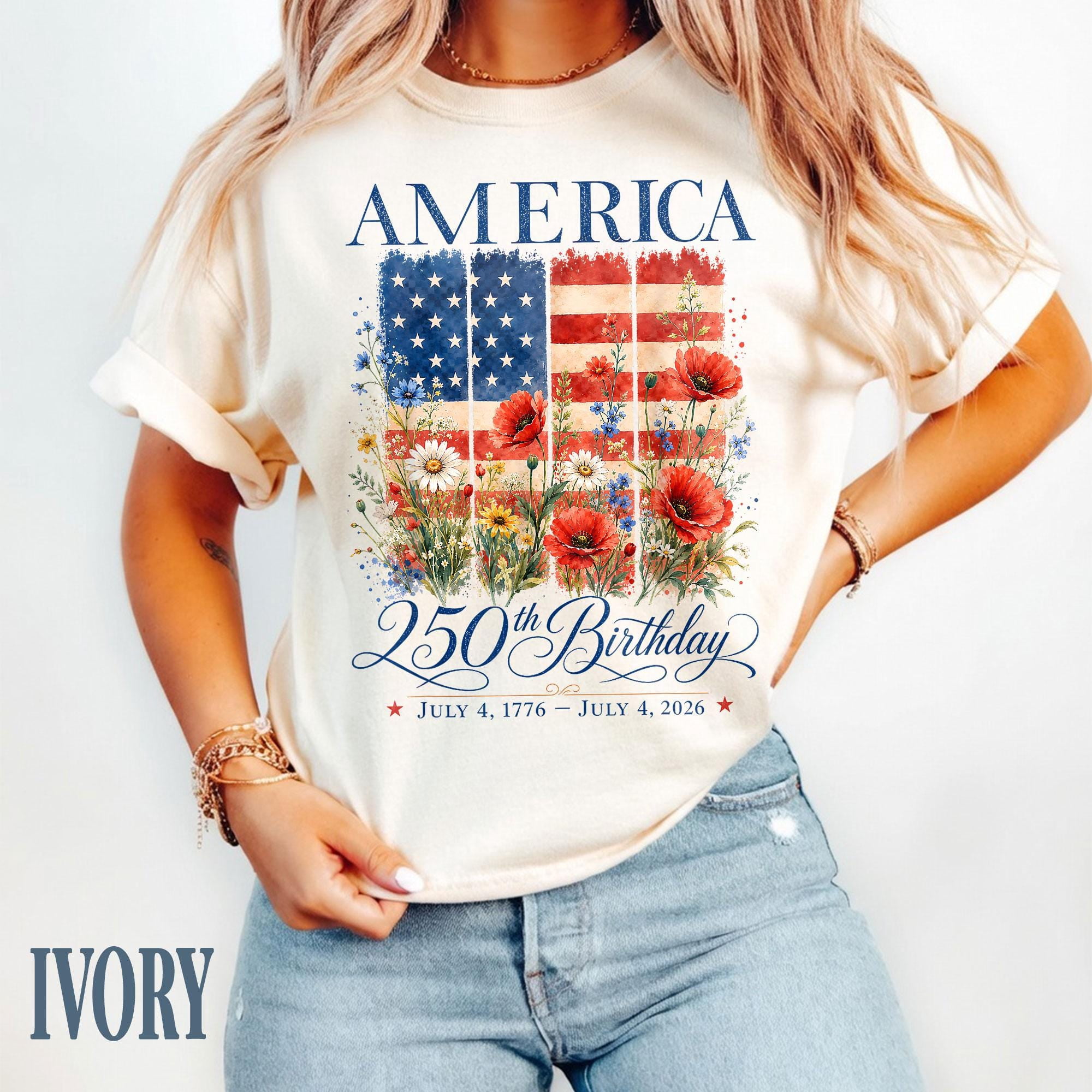 CLOTEX America 250th Birthday Floral Flag T-Shirt, 4th of July 2026 ...