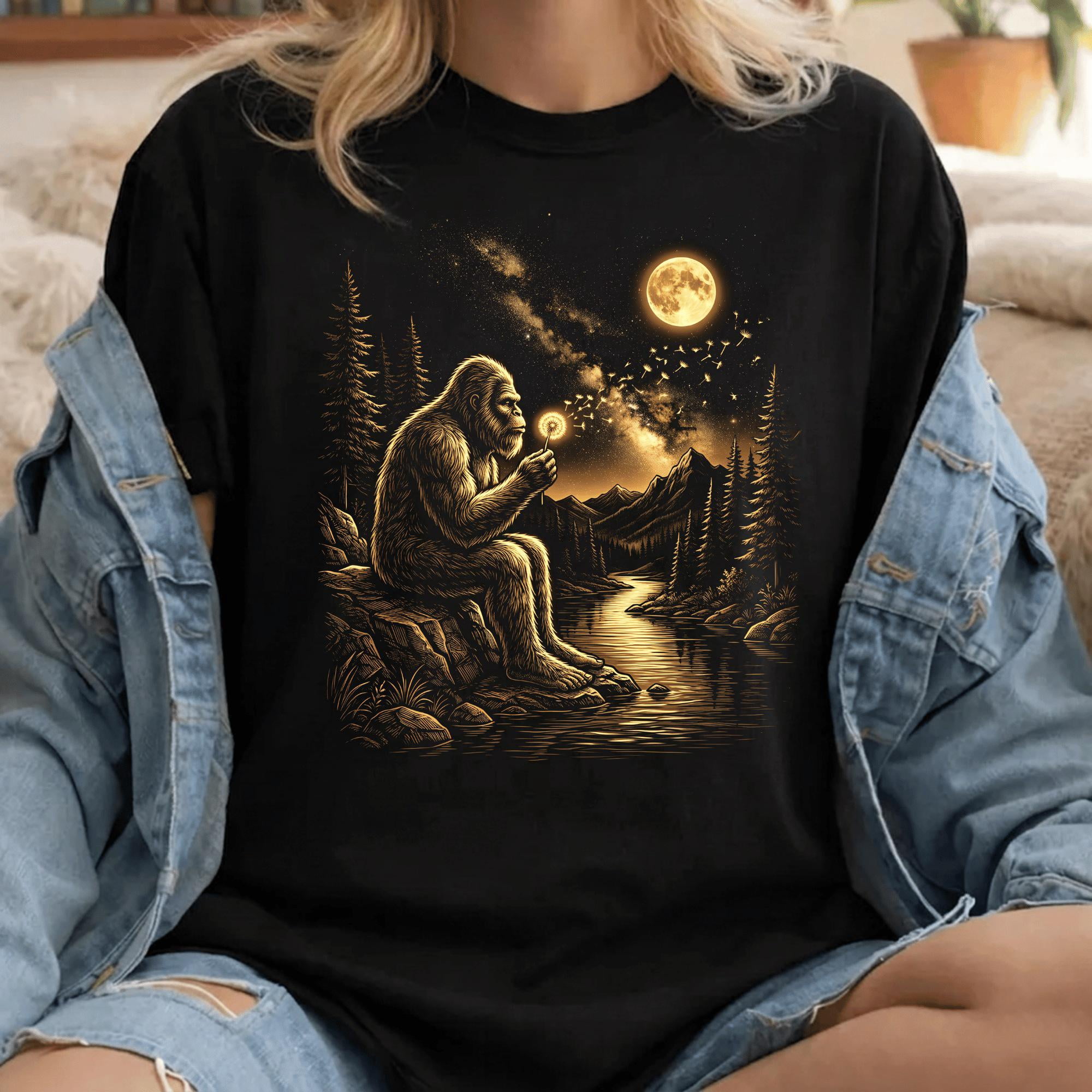 CLOTEX Bigfoot Moon Dandelion Shirt, Sasquatch Nature Tee, Golden Night ...