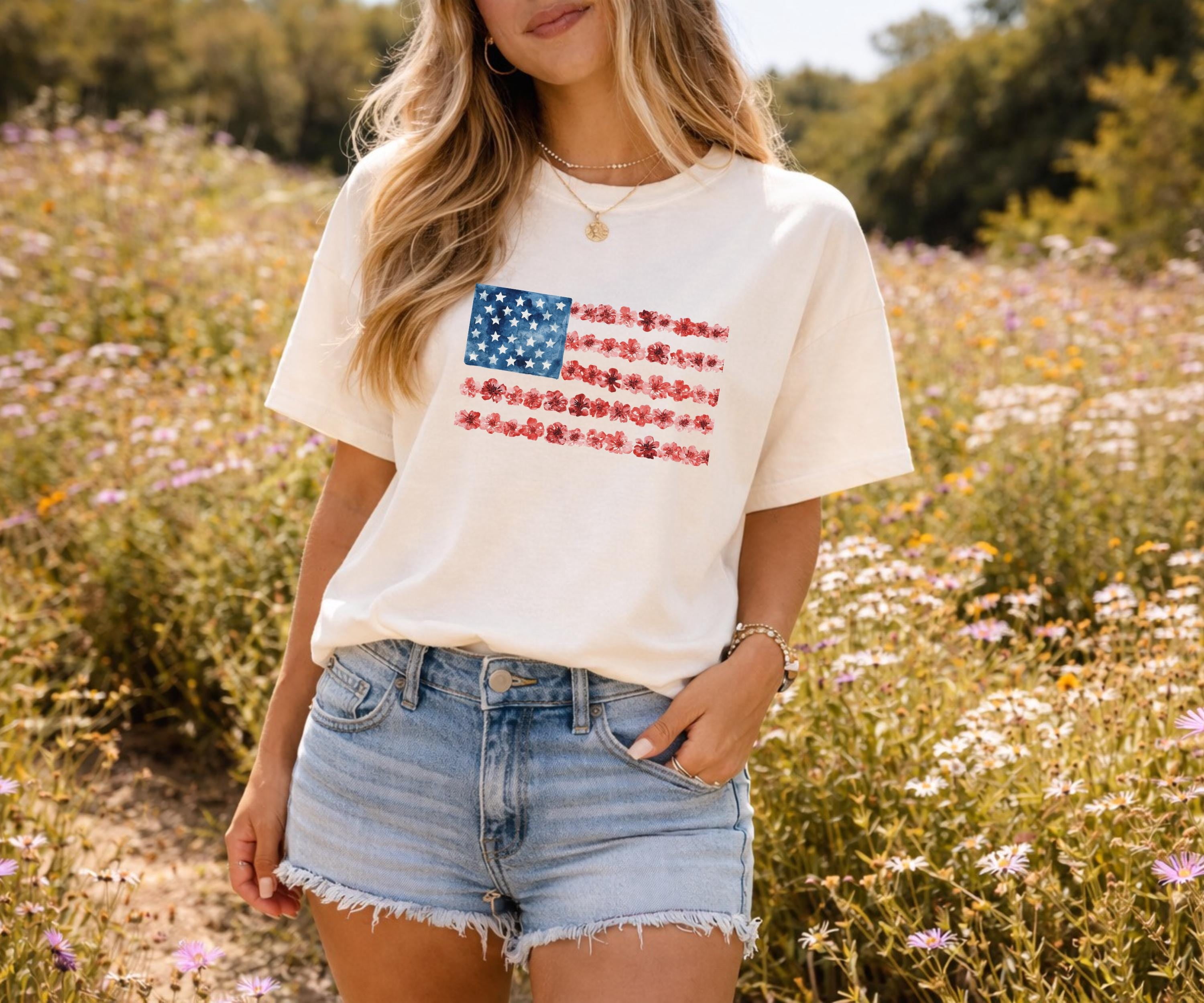 CLOTEX Comfort Colors Floral American Flag Tee, Vintage Washed USA ...
