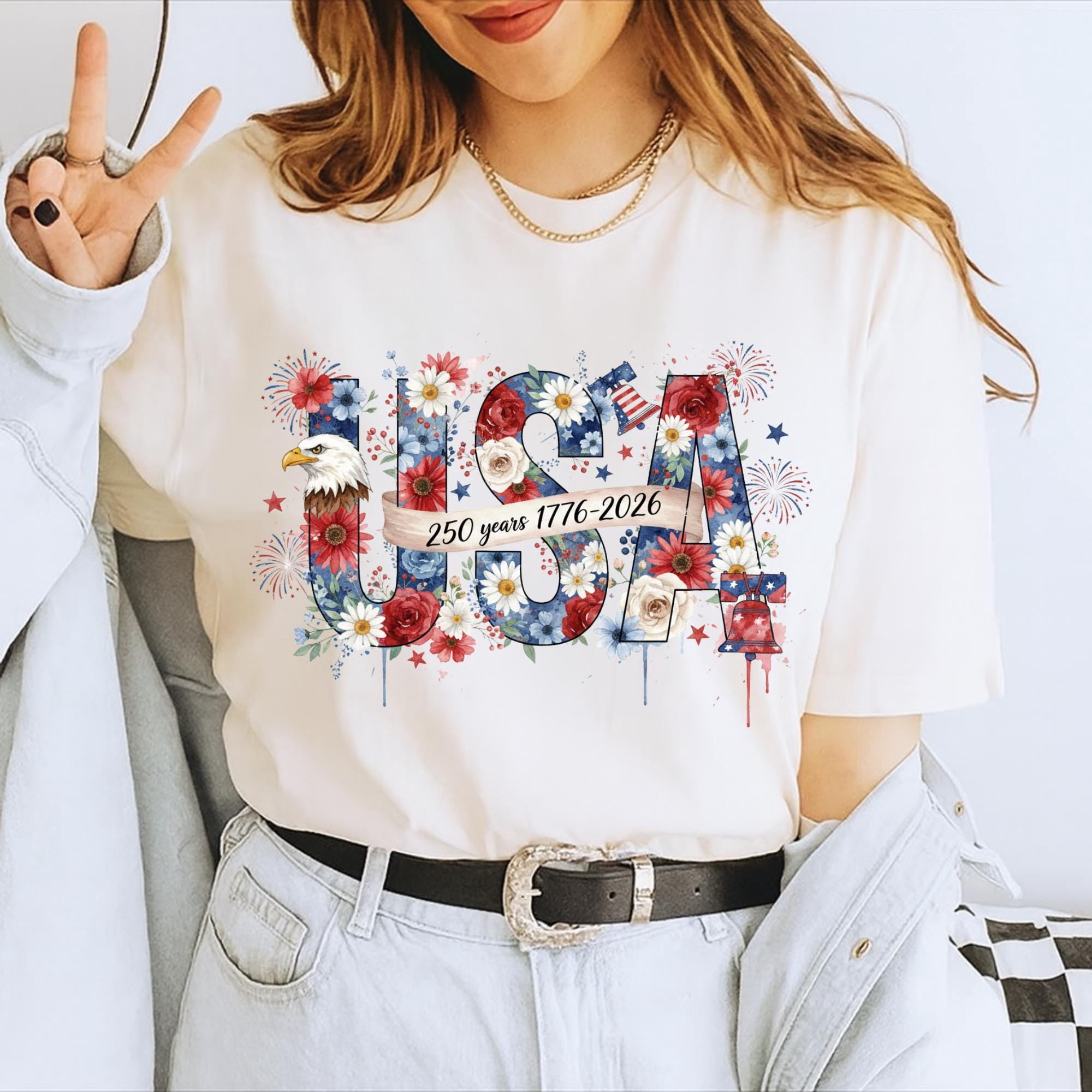 CLOTEX Floral USA 250 Years Shirt, Patriotic Wildflower America Tee ...