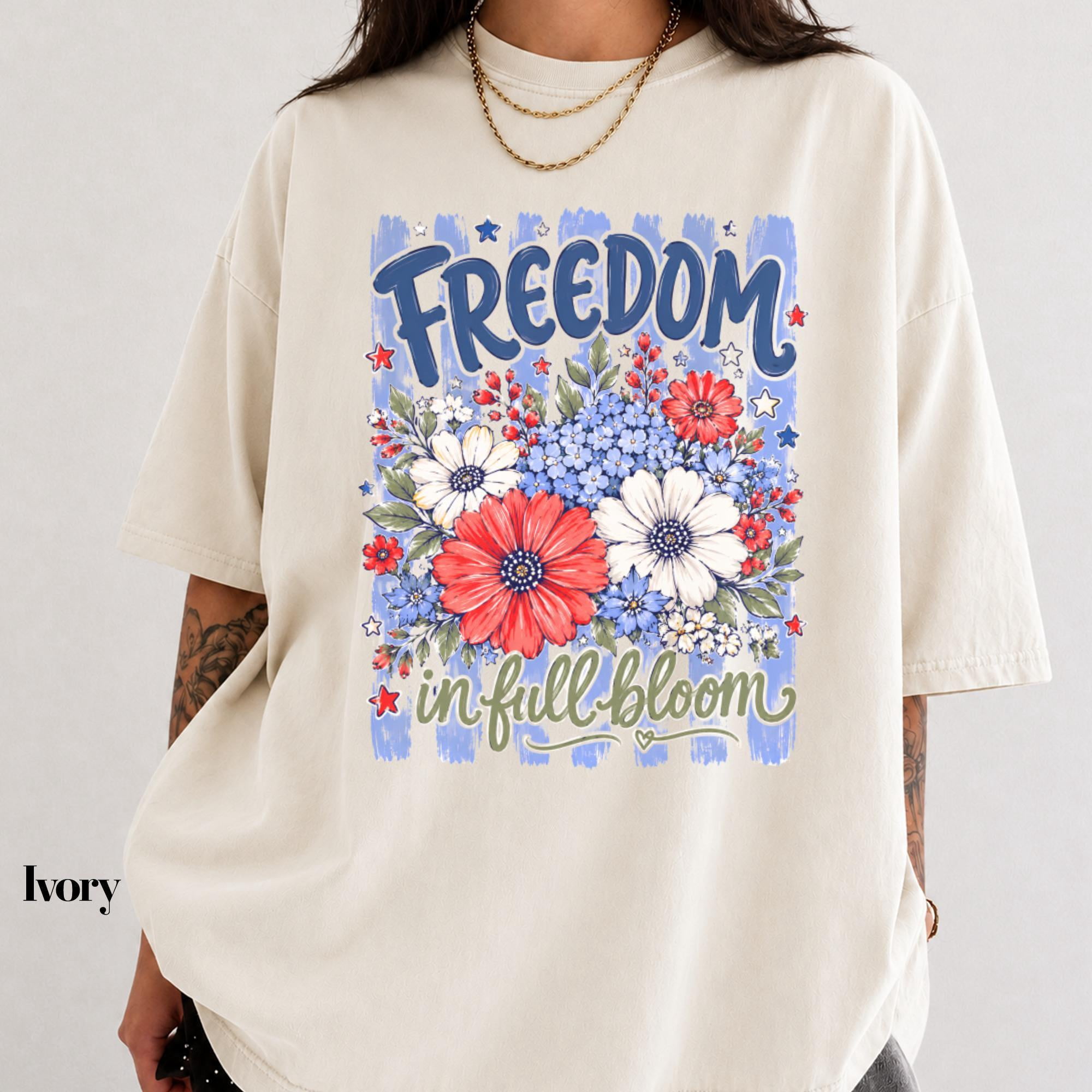 CLOTEX Freedom In Full Bloom T-Shirt, Patriotic Floral Design Tee, 4th ...