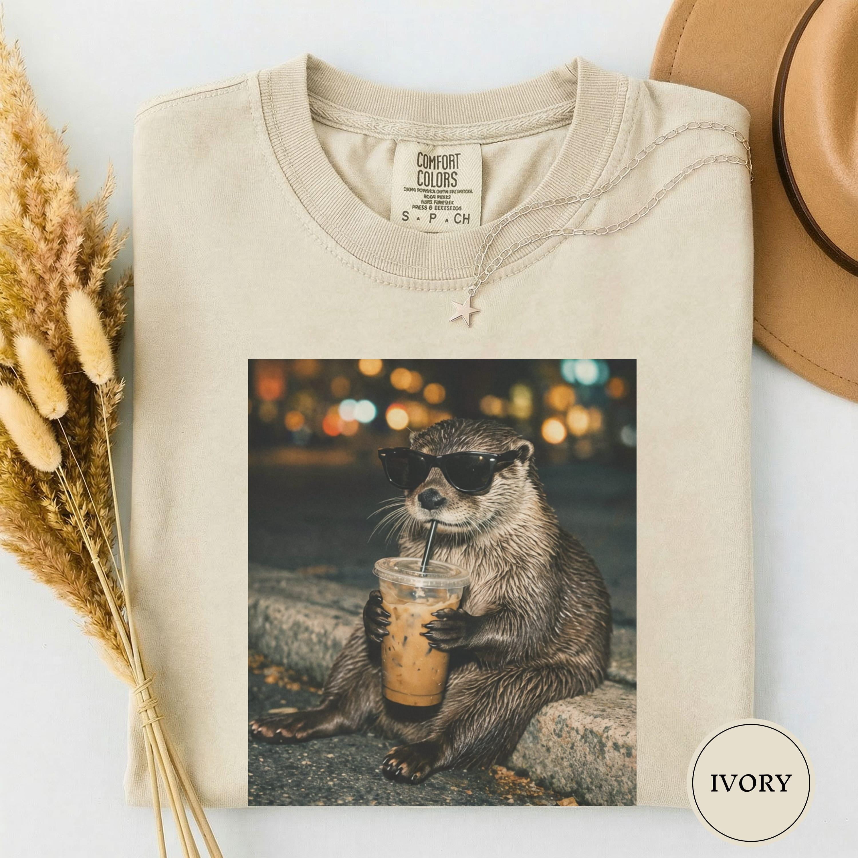 CLOTEX Funny Otter Drinking Iced Coffee Shirt, Animal Meme Graphic Tee ...