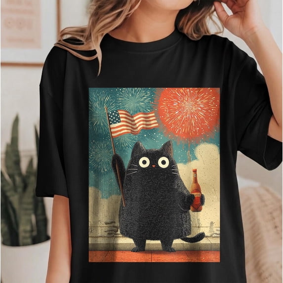 CLOTEX Funny Patriotic Cat Shirt, Vintage 4th of July Black Cat Tee ...