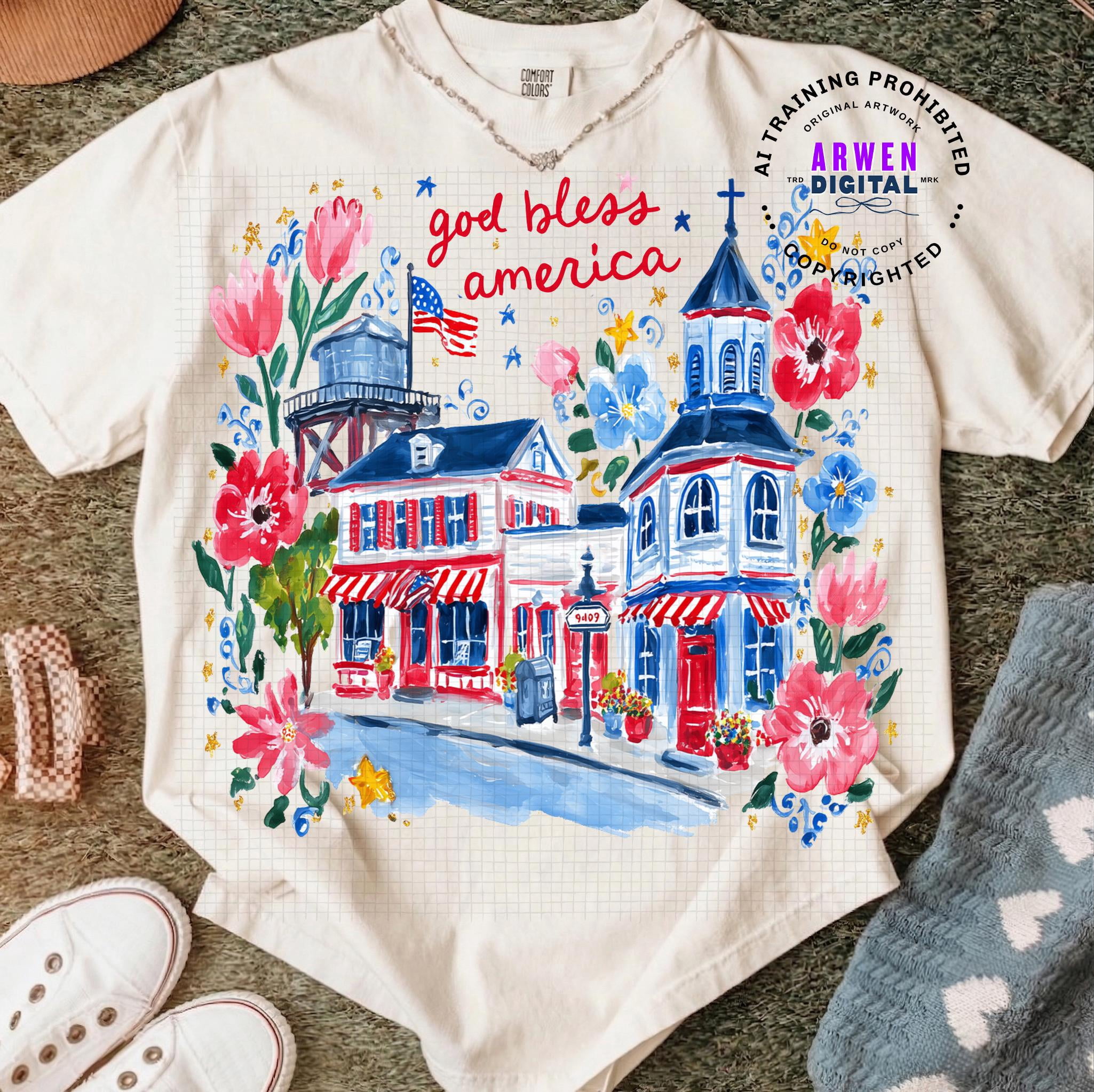 CLOTEX God Bless America TShirt Hand Drawn, Patriotic Small Town ...