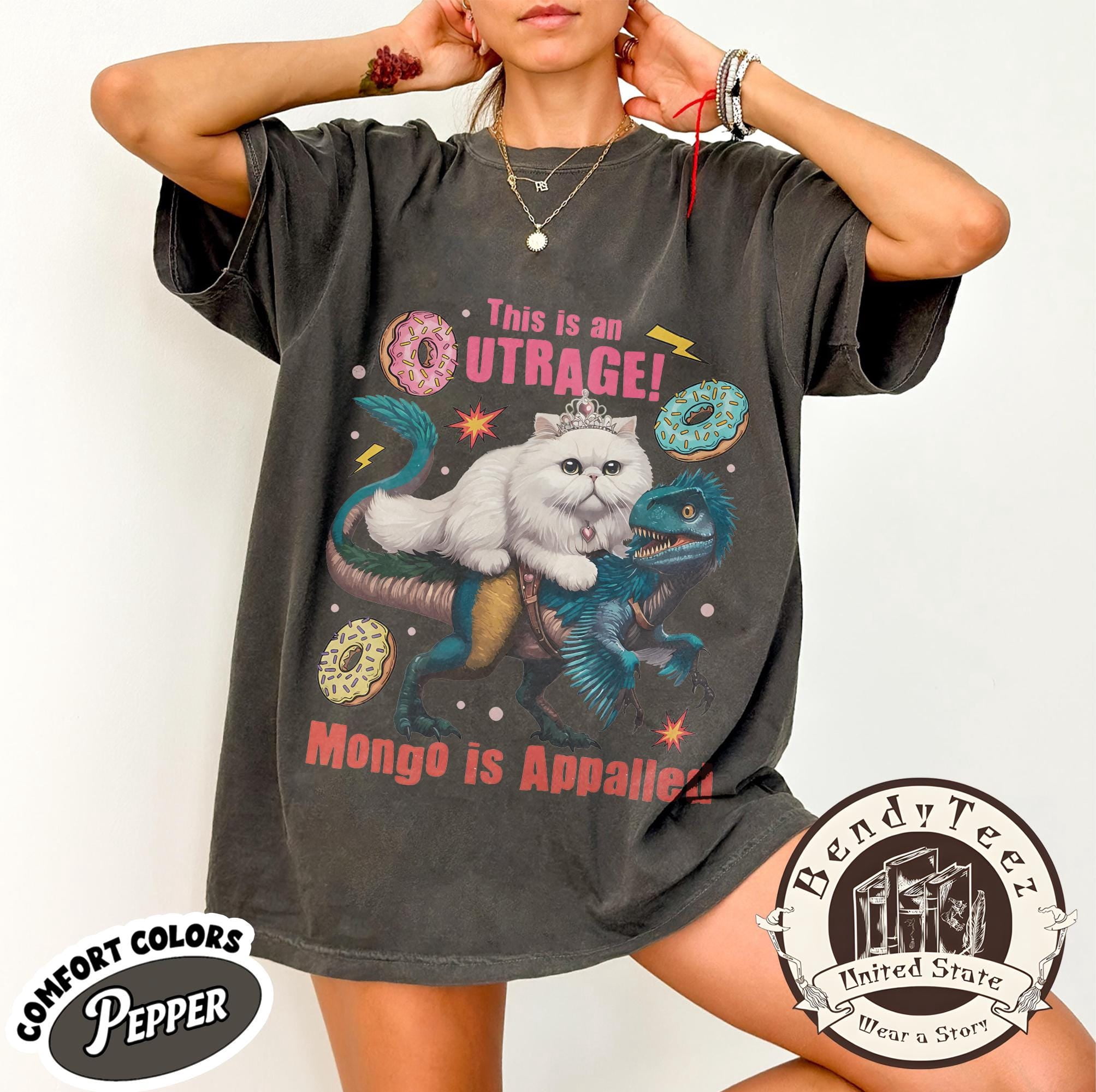 CLOTEX Mongo is Appalled Shirt, Funny Cat Riding Dinosaur Graphic Tee ...