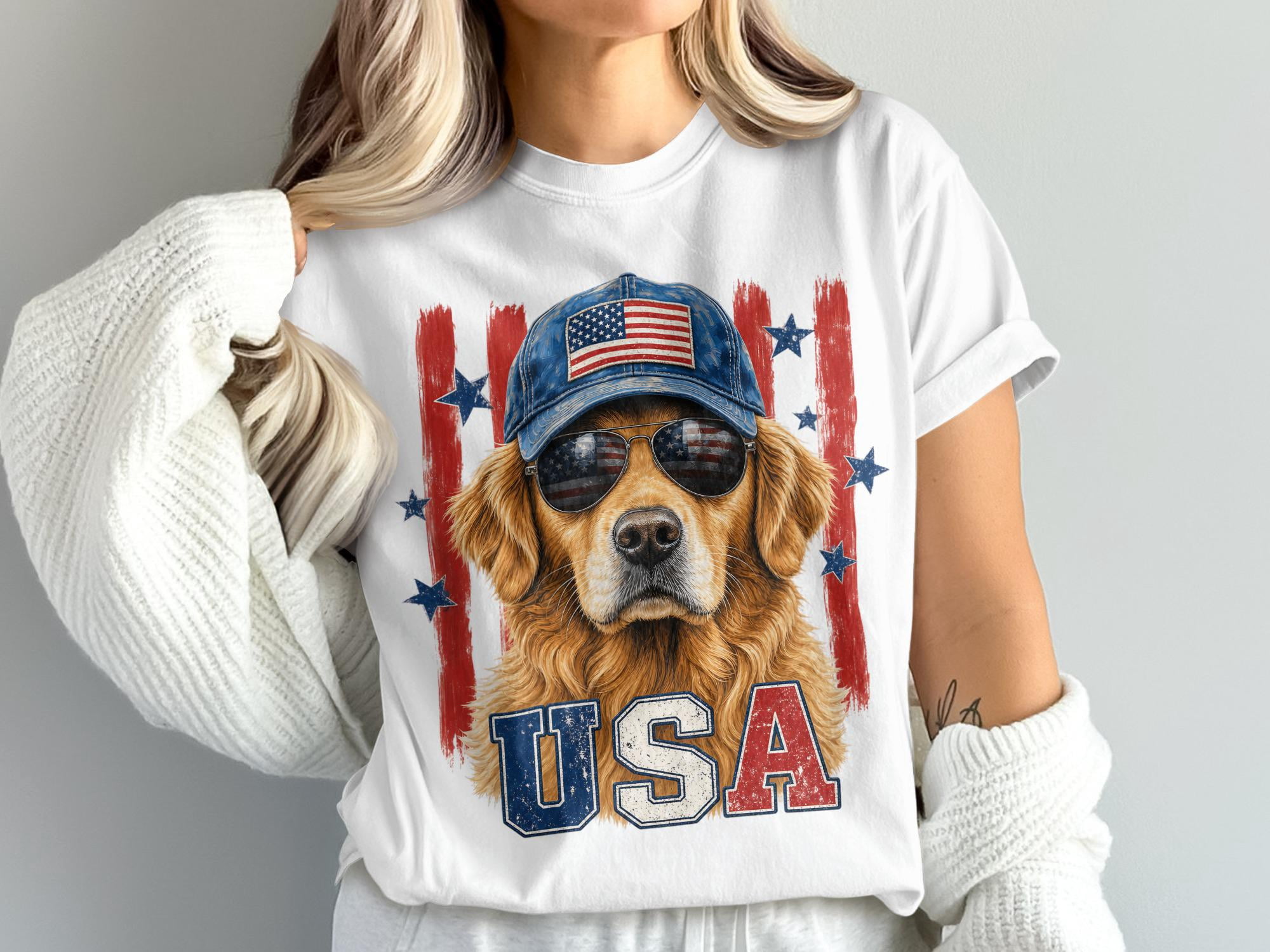 CLOTEX Patriotic Golden Retriever USA Flag T-Shirt, Distressed Dog ...