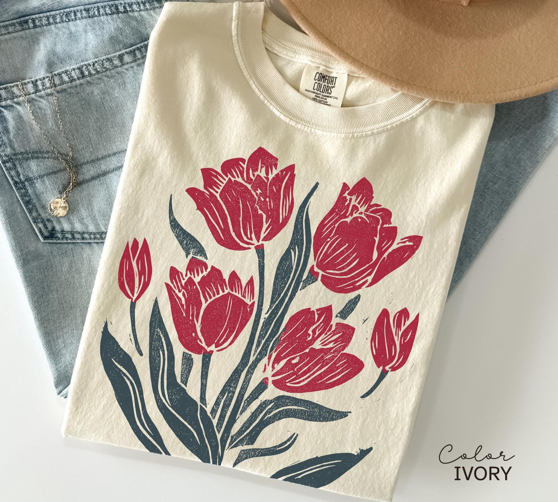 CLOTEX Retro Linocut Tee, Comfort Colors Flower Shirt, Spring Summer ...