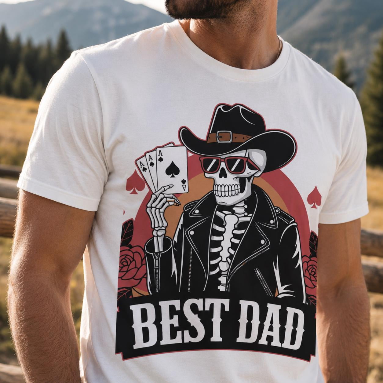 CLOTEX Skeleton Cowboy T-Shirt | Western Dad Playing Cards Graphic Tee ...