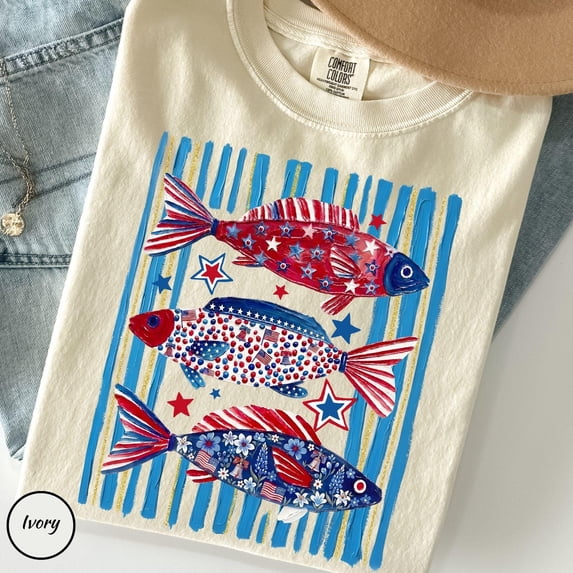 CLOTEX Stripes Patriotic Fish Comfort Colors Shirt, Americana Summer ...