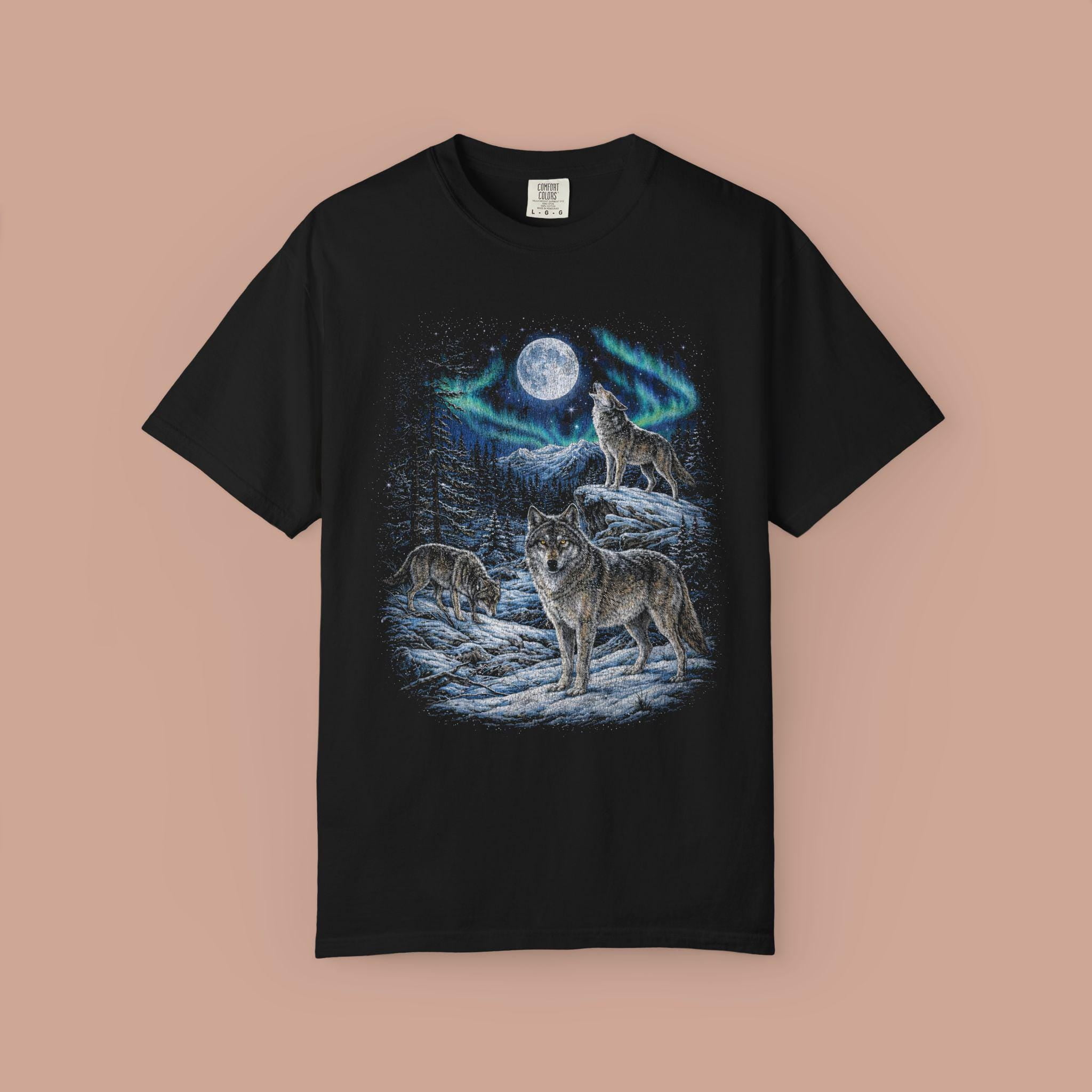 CLOTEX Vintage 90's Wolf Shirt. Moon Aurora Borealis Howling Wolves ...