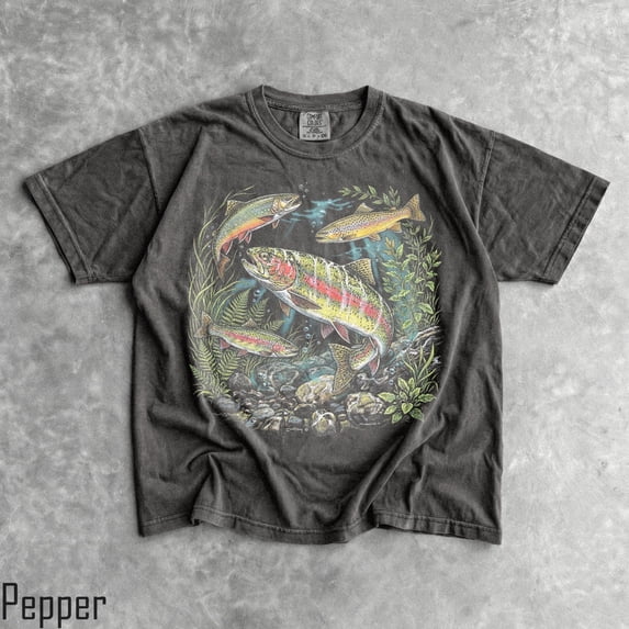 CLOTEX Vintage Rainbow Trout Fishing T-Shirt - Retro Nature Graphic Tee ...