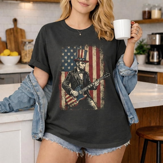 CLOTEX Vintage US Flag Lincoln Playing Guitar Shirt, President Lincoln ...
