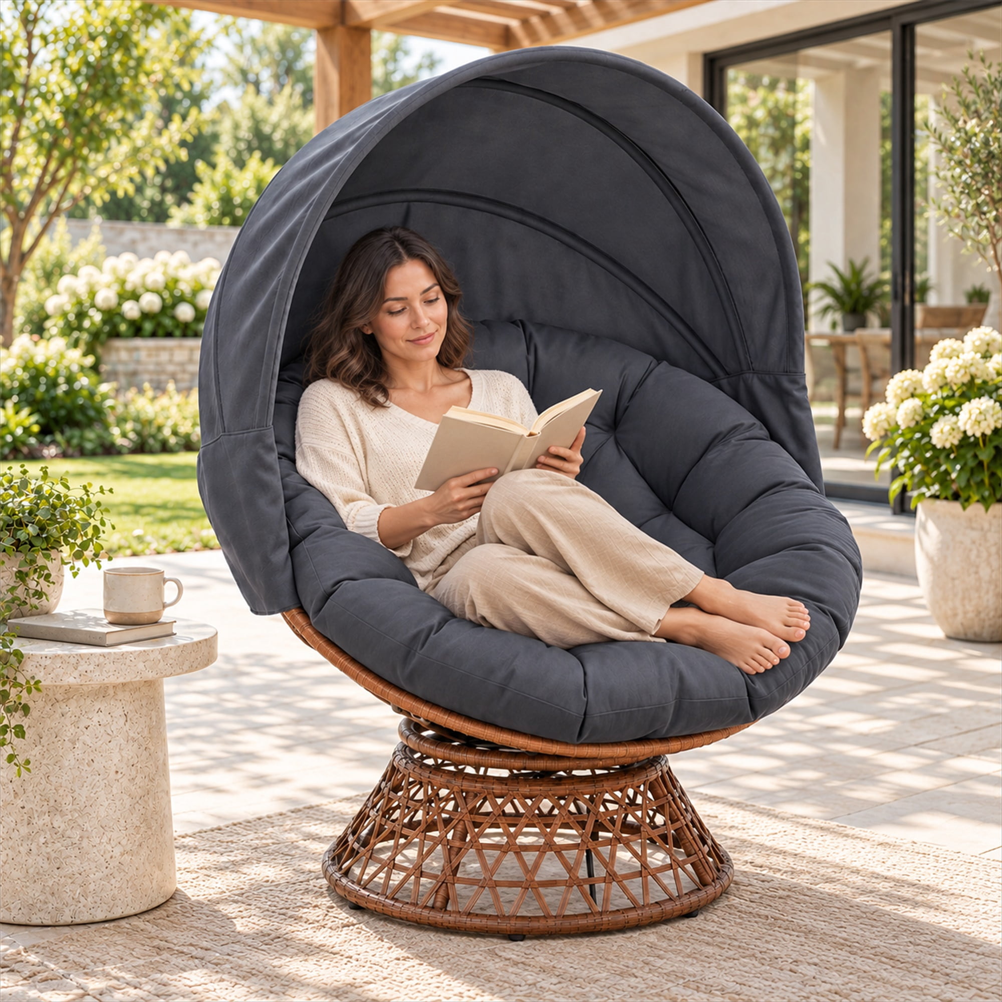 CLOUDREST PRO Outdoor Wicker Egg Chair with Canopy, Cushion & 360 ...