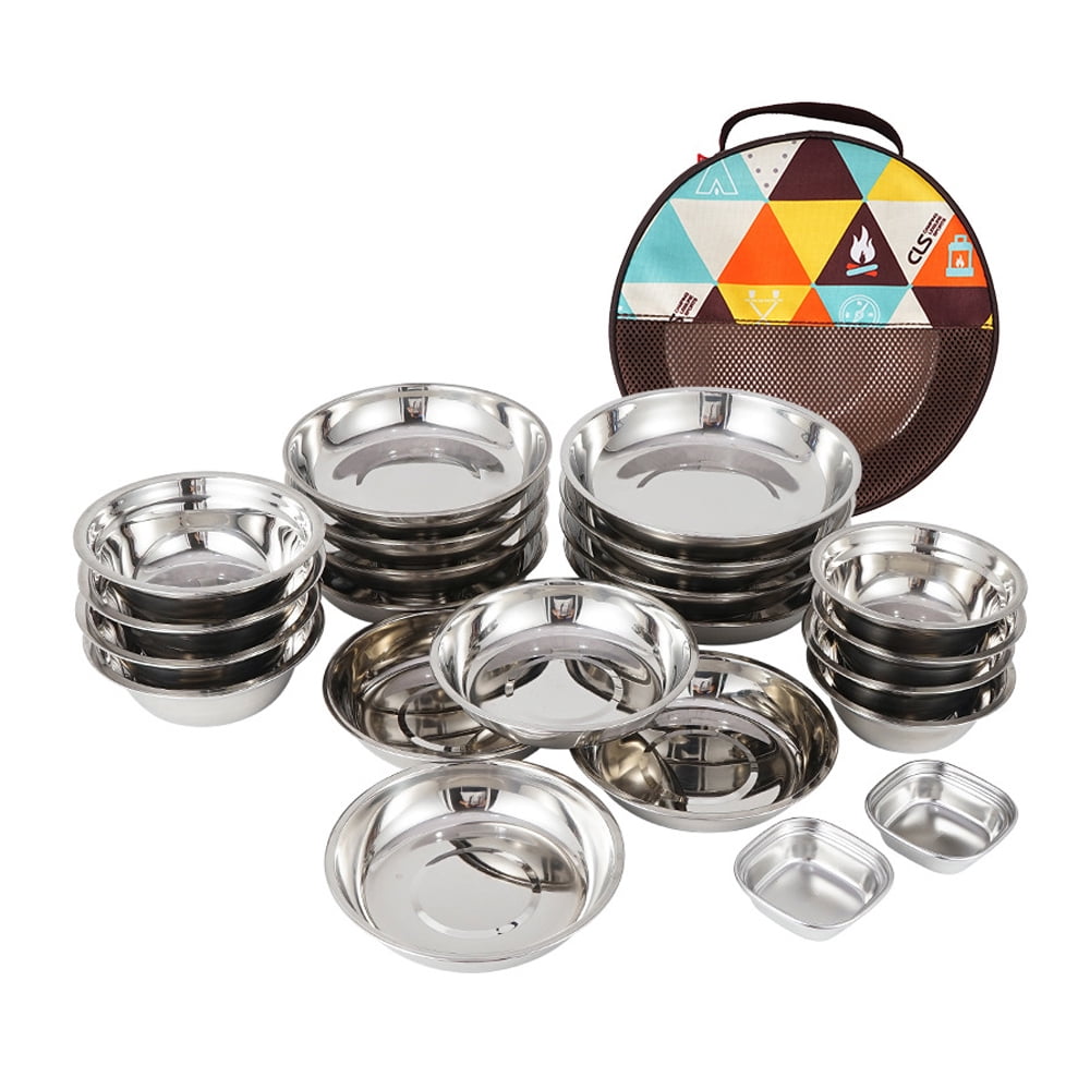 CLS 22PCS Stainless Steel Camping Dinnerware Set, Plates, Bowls, Pots ...